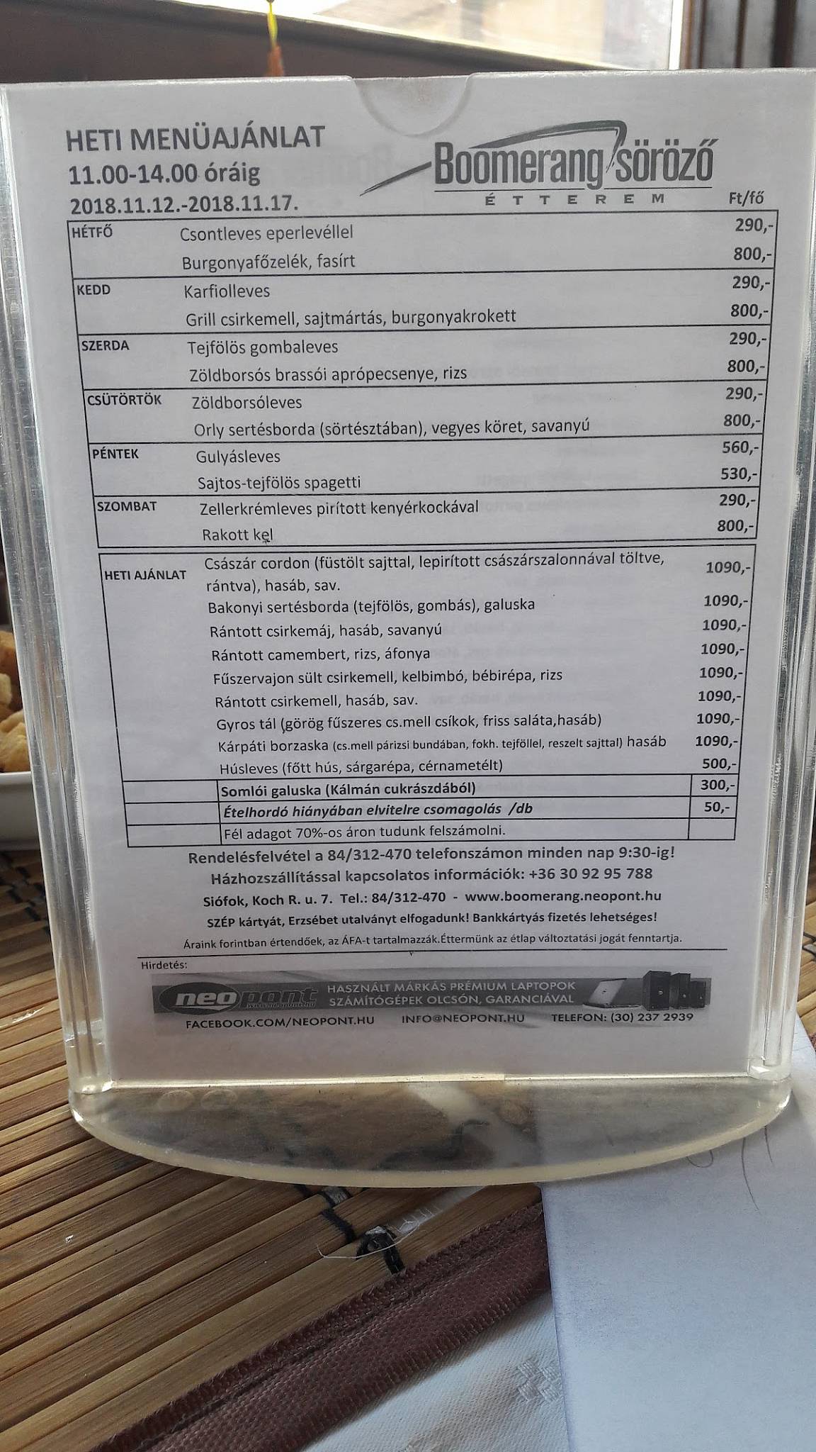 Menu at Boomeráng Étterem, Söröző restaurant, Siófok