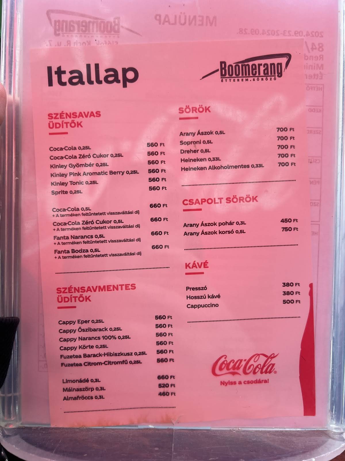 Menu at Boomeráng Étterem, Söröző restaurant, Siófok