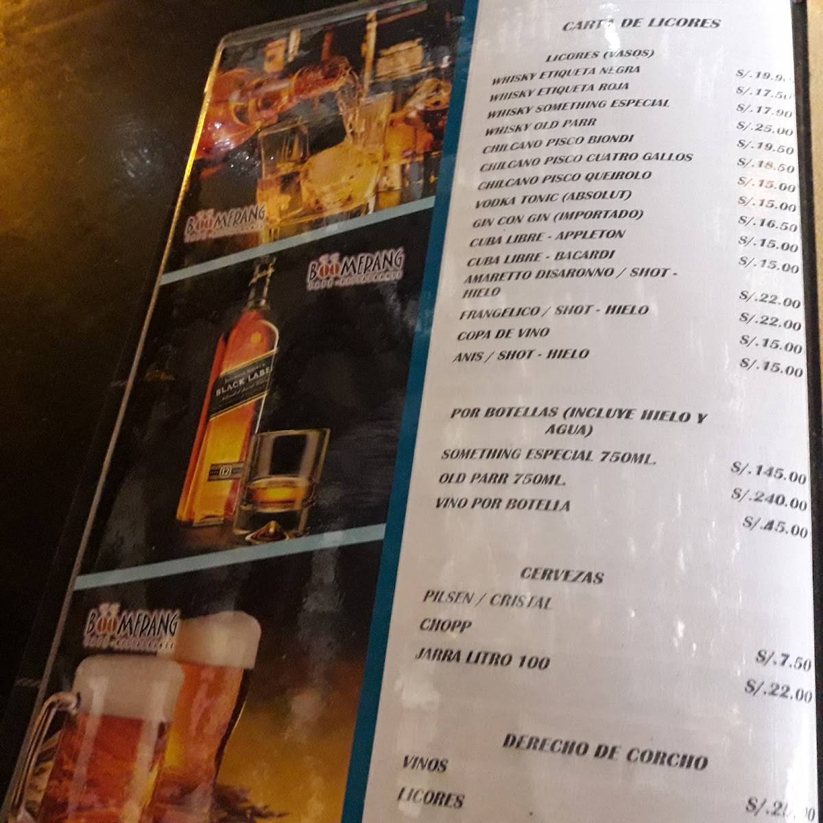 Menu at Boomerang Restaurant Cafe, Miraflores