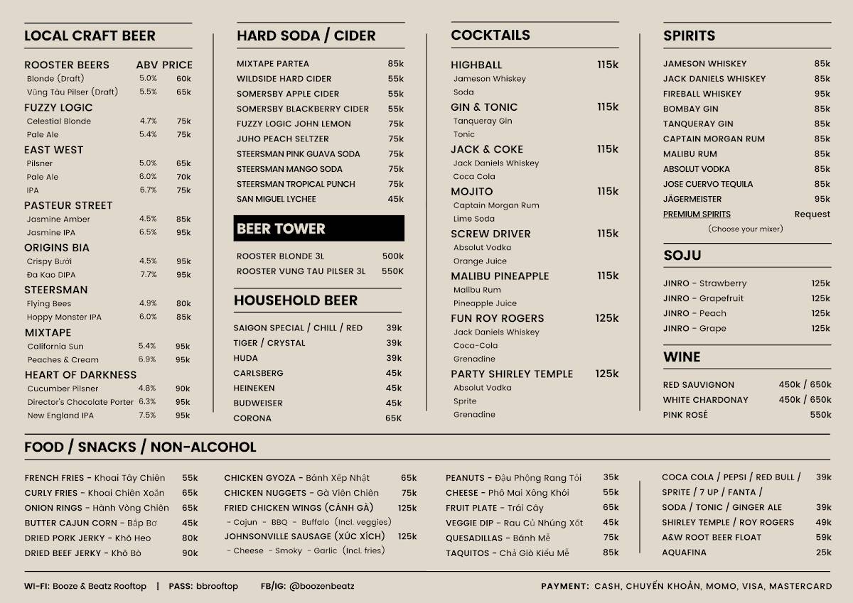 Menu at Booze & Beatz Rooftop pub & bar, Ho Chi Minh City