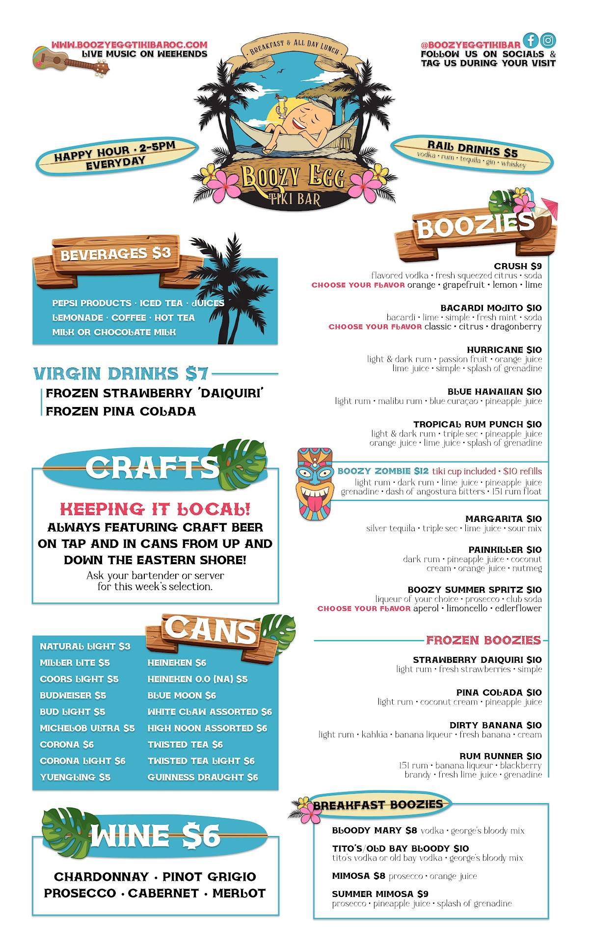 Menu at Boozy Egg Tiki Bar, Ocean City