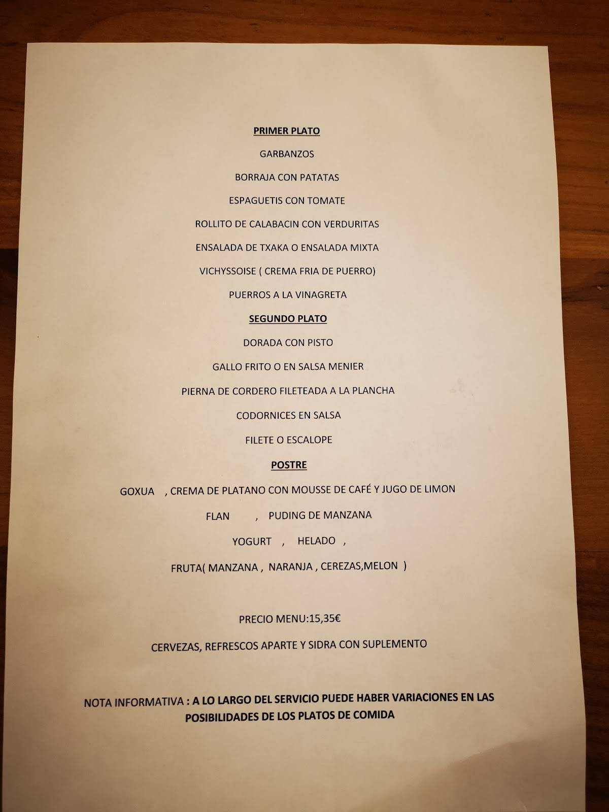 Carta del restaurante Borda Jatetxea, Echarri-Aranaz, Arluzepe Kalea
