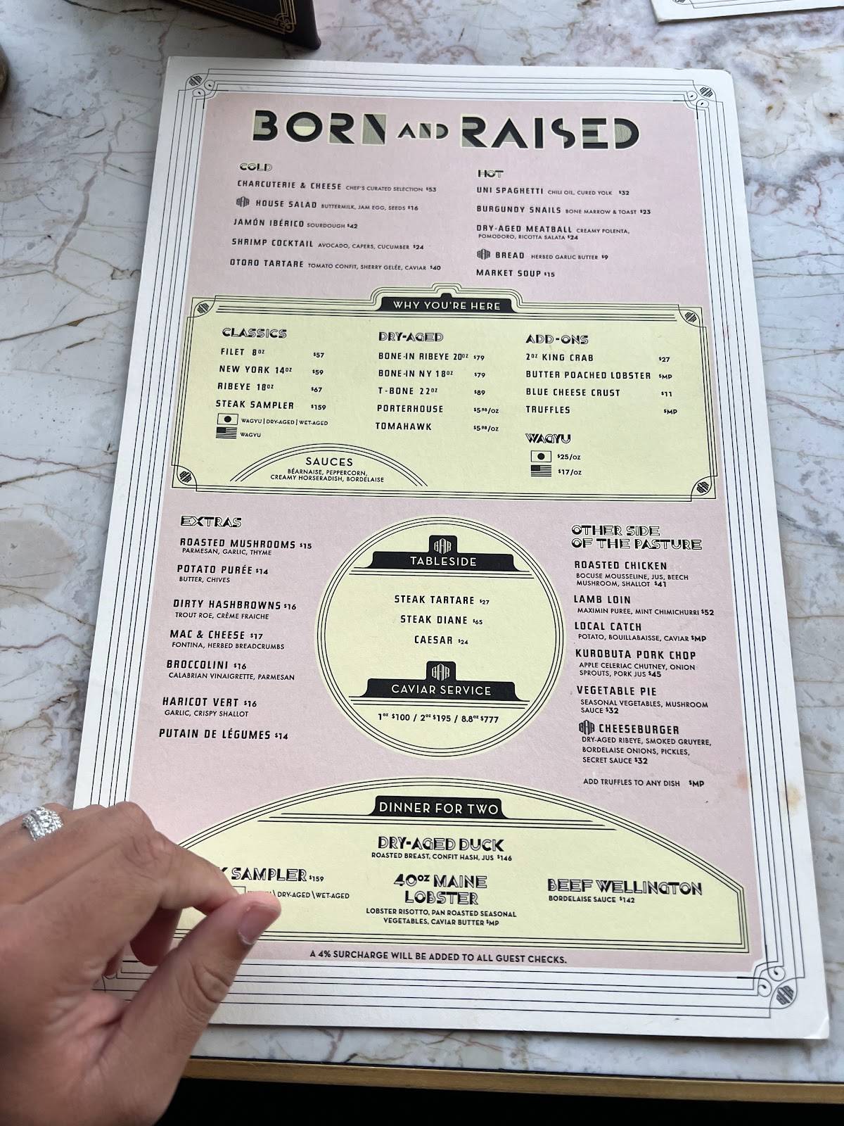 Menu at Born and Raised steakhouse, San Diego, India St
