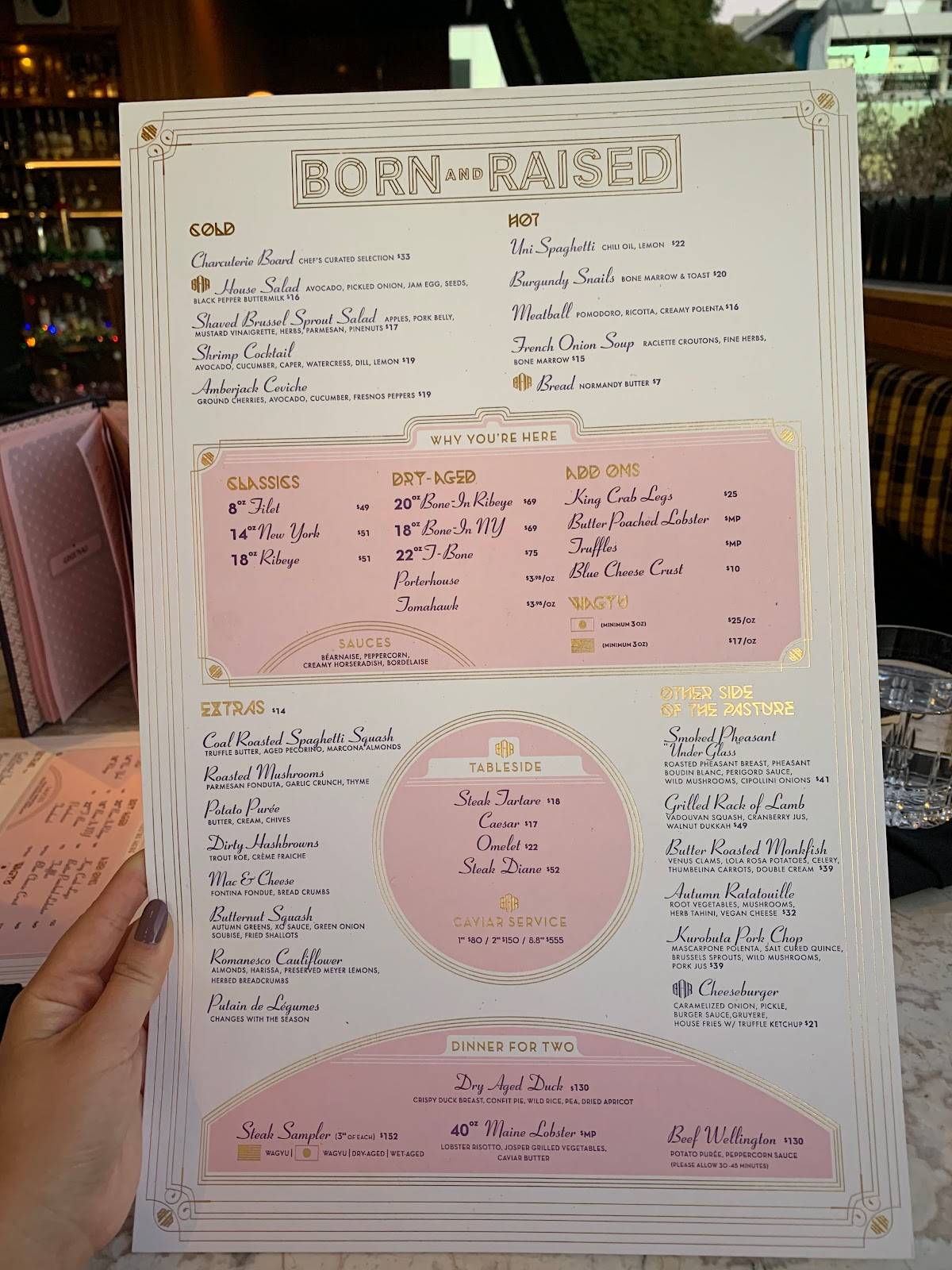 Menu at Born and Raised steakhouse, San Diego, India St