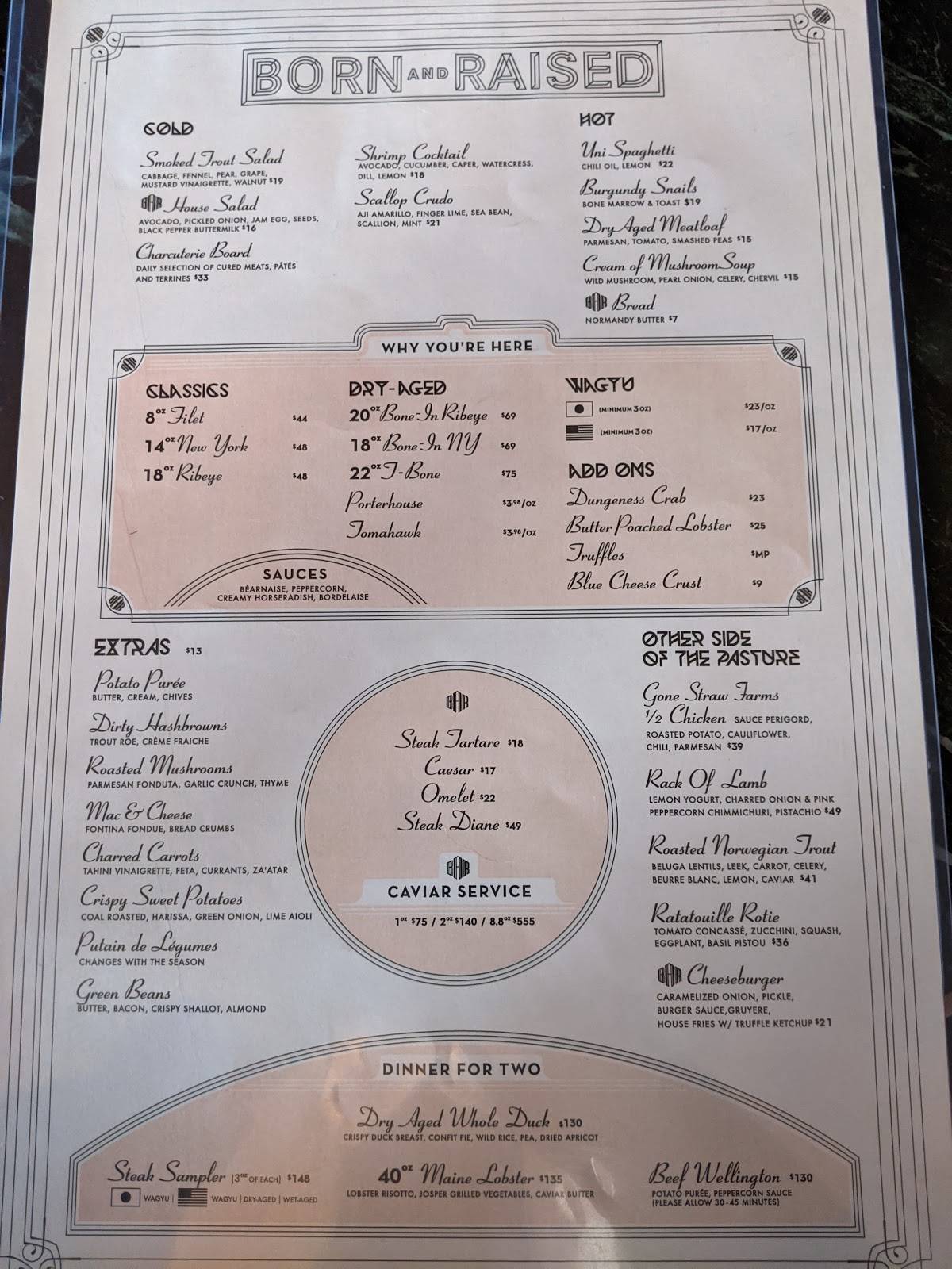 Menu at Born and Raised steakhouse, San Diego, India St