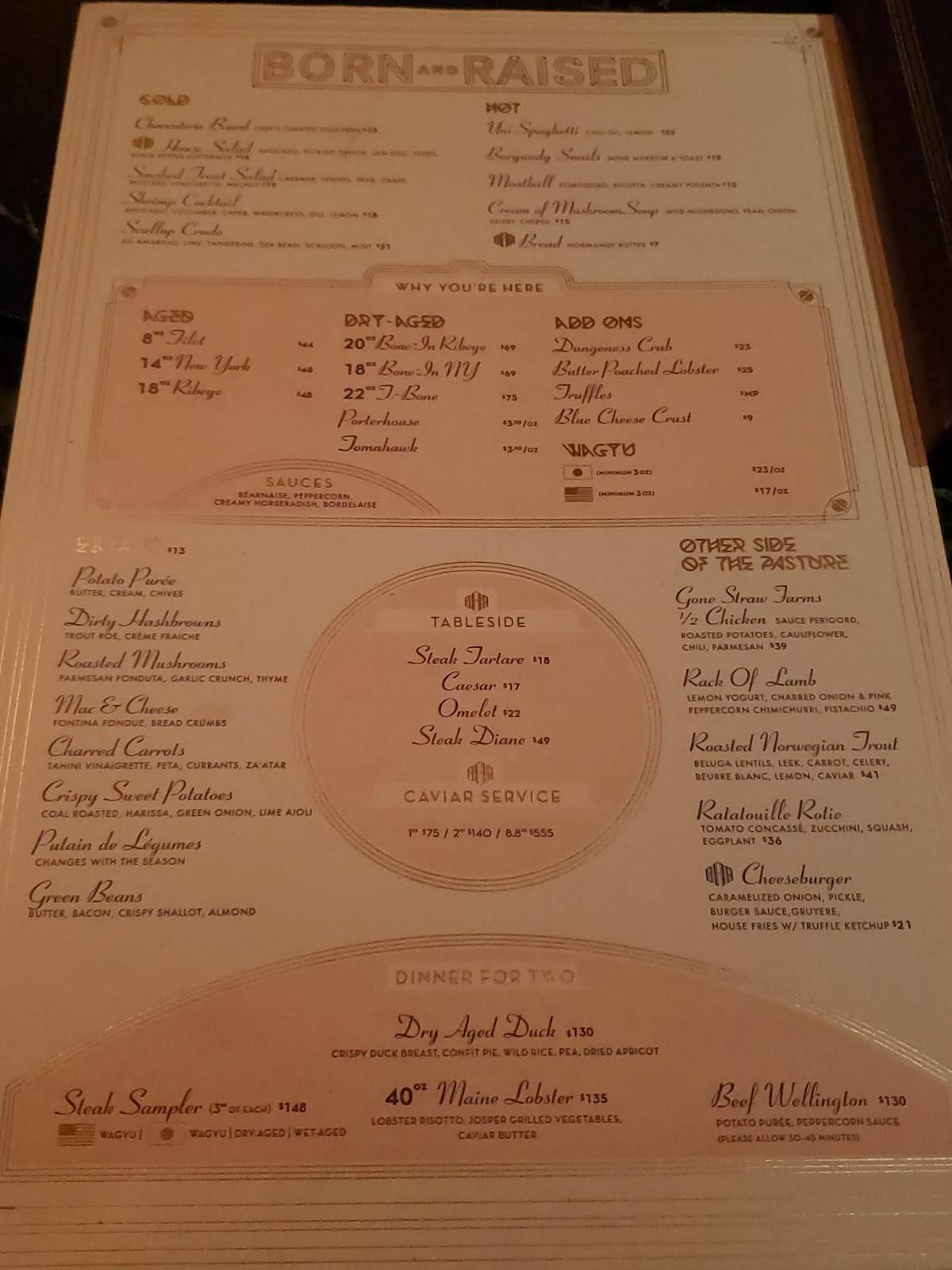 Menu at Born and Raised steakhouse, San Diego, India St