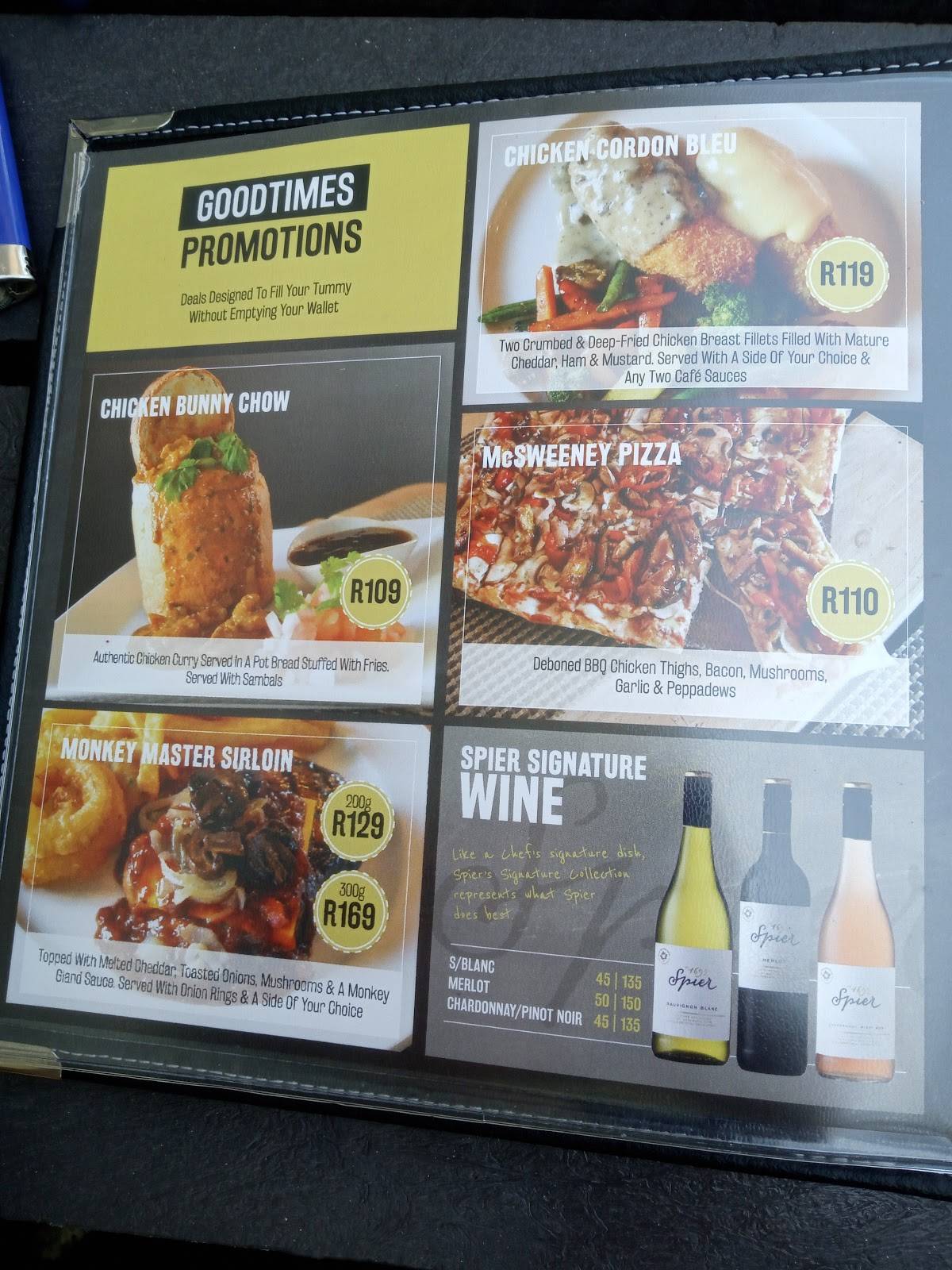 Menu at Bossa Tyger Falls restaurant, Cape Town, Shop 2