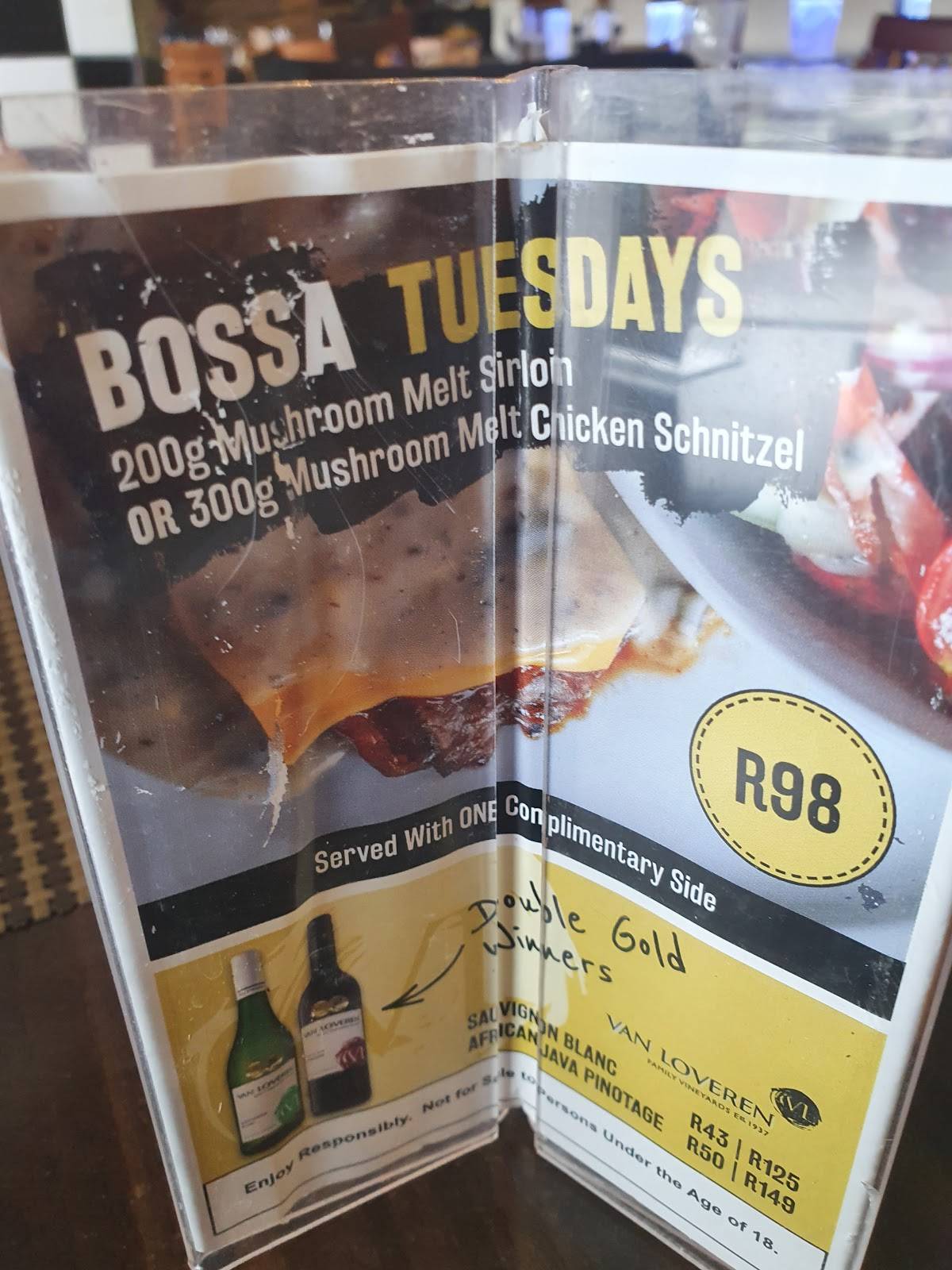 Menu at Bossa Tyger Falls restaurant, Cape Town, Shop 2