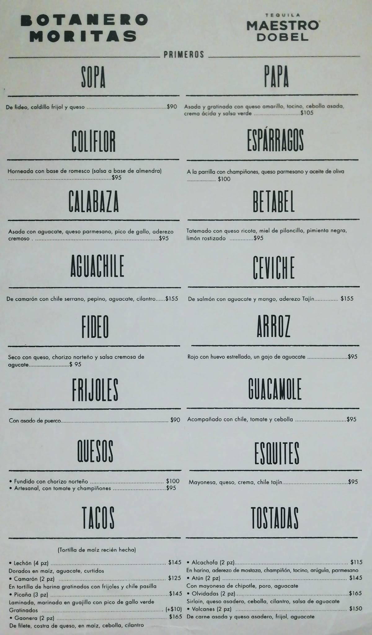 Menu at Botanero Moritas Insurgentes pub & bar, Monterrey, Av ...