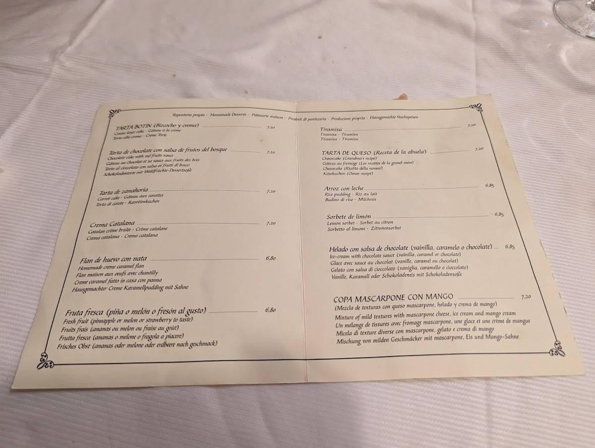 Menu at Botín steakhouse, Madrid, C. de Cuchilleros