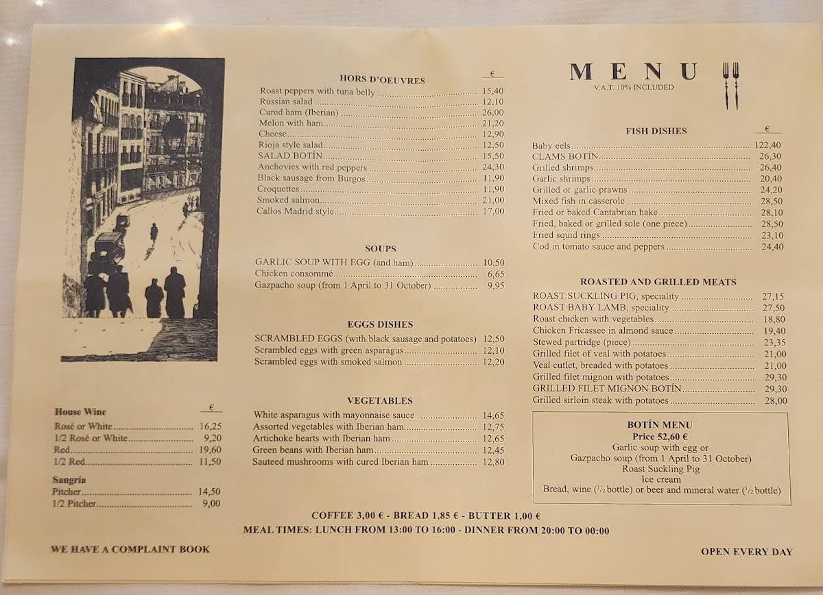 Menu at Botín steakhouse, Madrid, C. de Cuchilleros