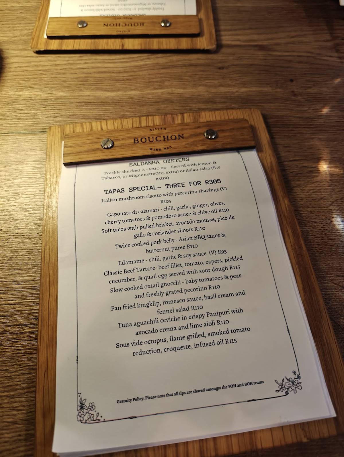 Menu at Bouchon Bistro restaurant, Cape Town