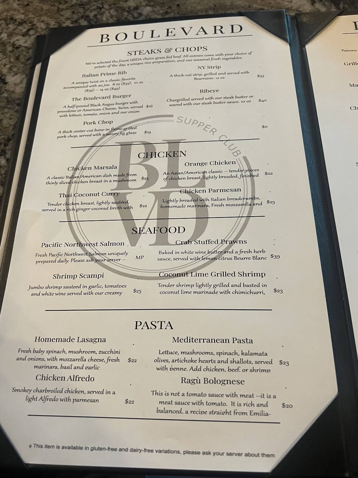 Menu at Boulevard Supper Club, Lithia