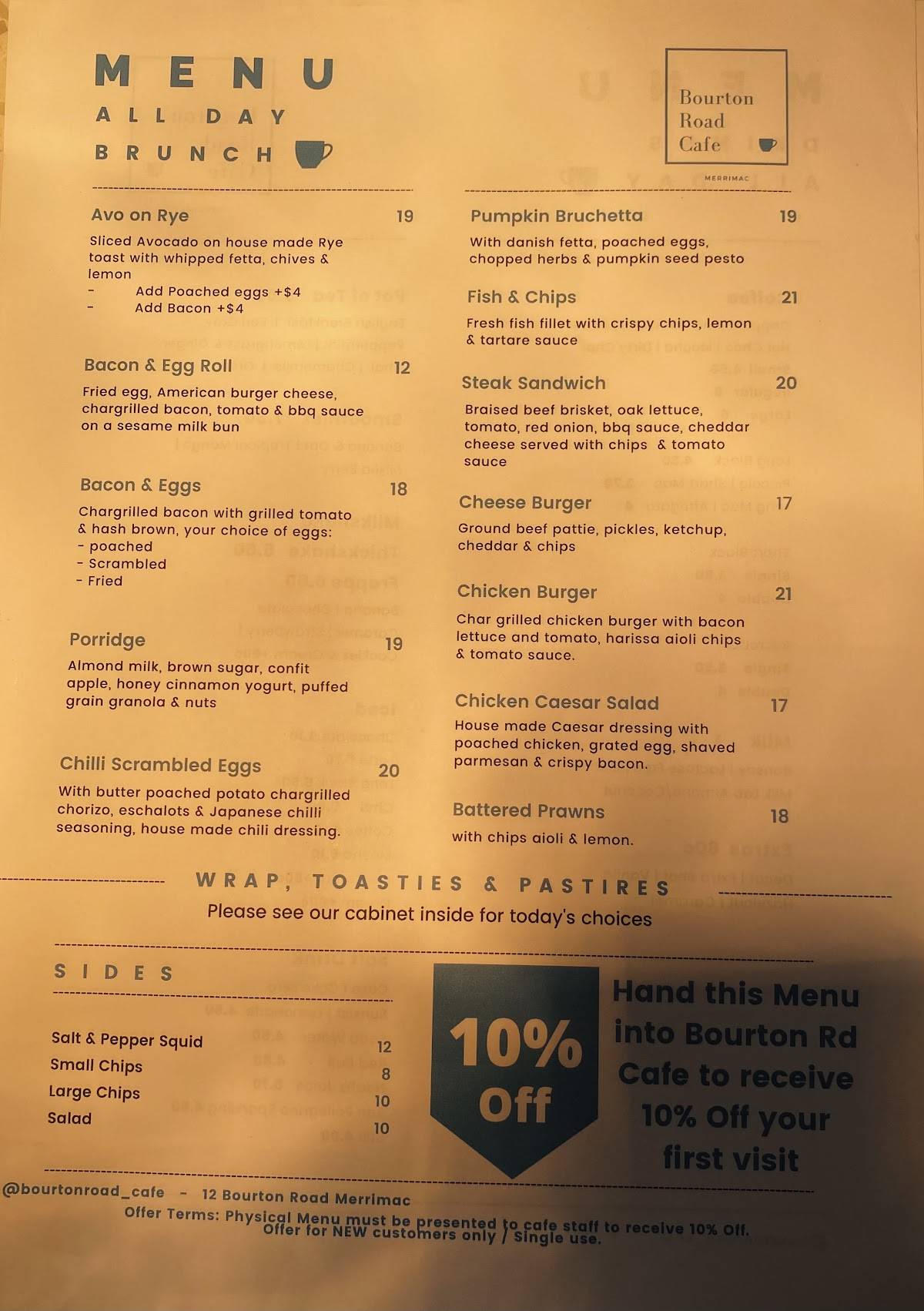 Menu at Bourton Road Cafe, Merrimac