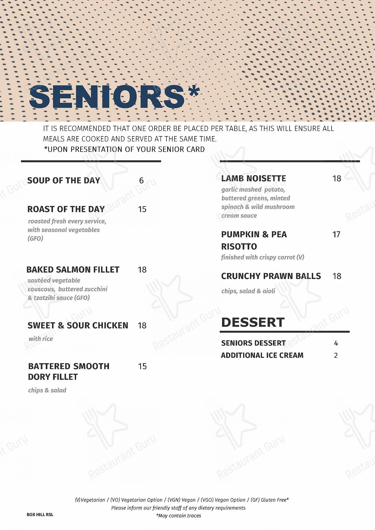 Menu at The Bistro restaurant, Box Hill