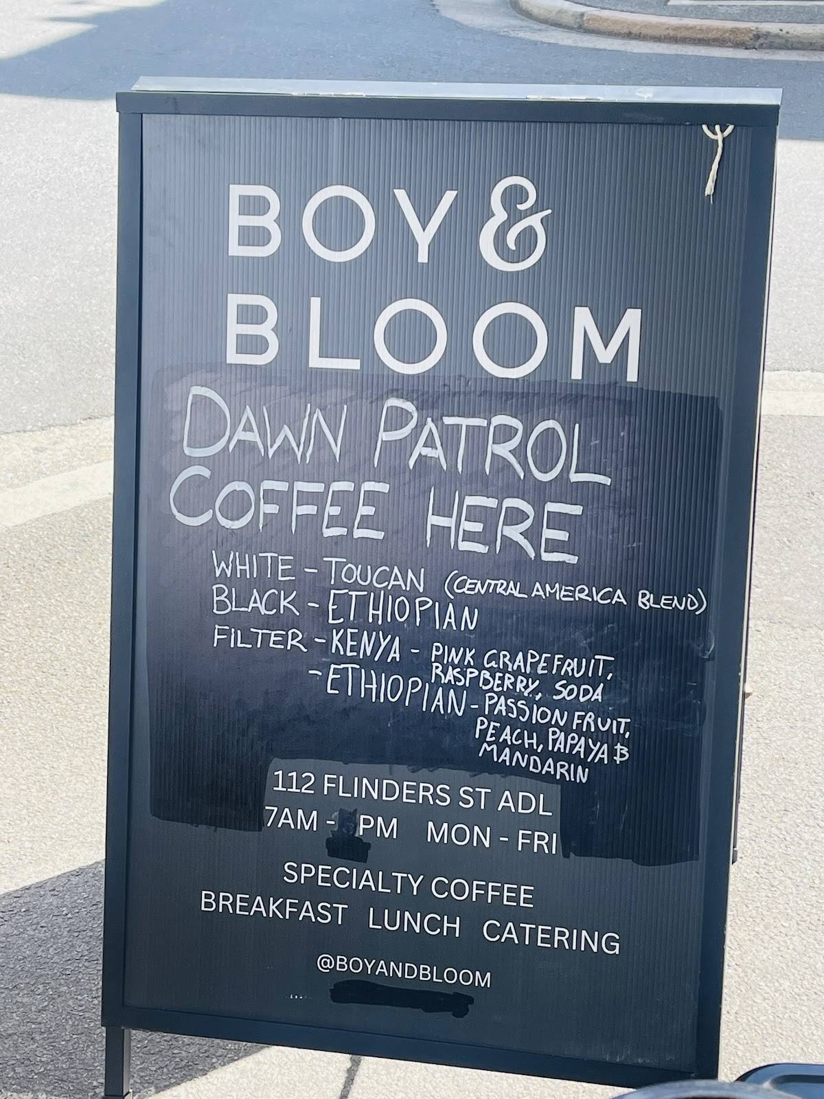 Menu at Boy & Bloom cafe, Adelaide