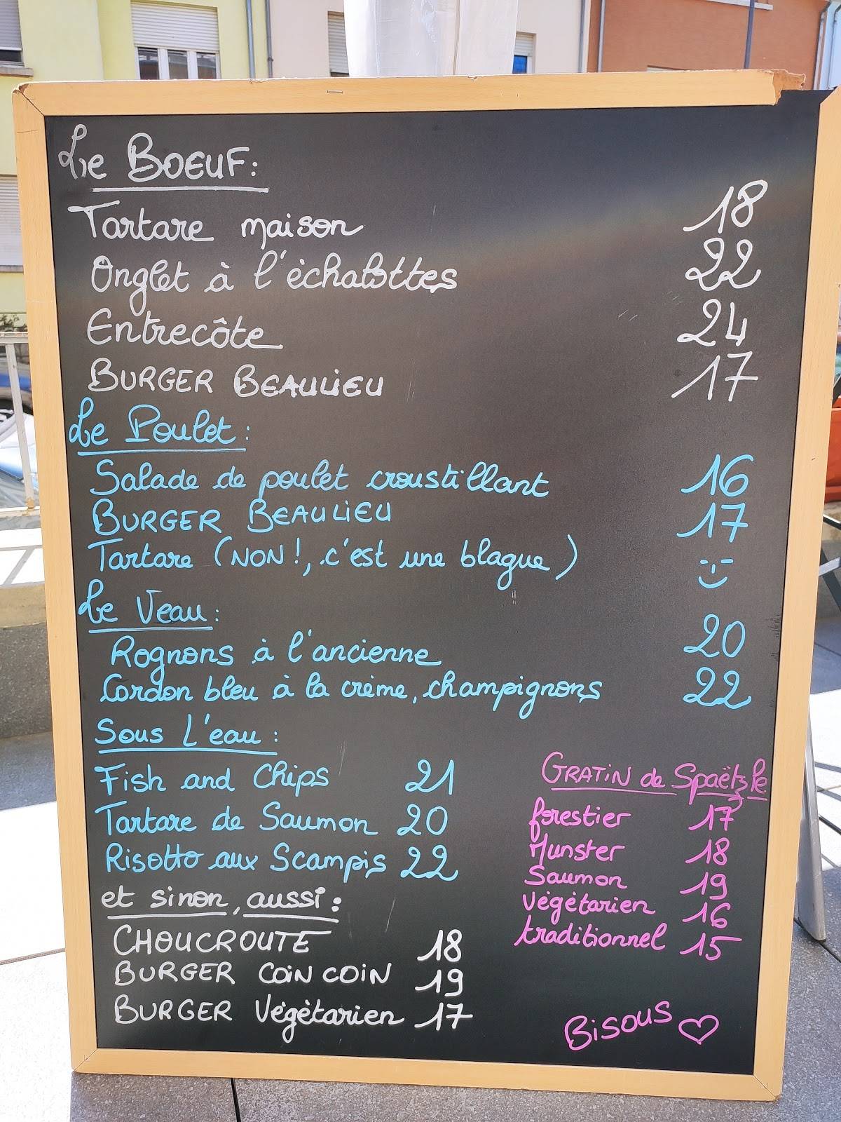Menu at Brasserie Beaulieu restaurant, Luxembourg City