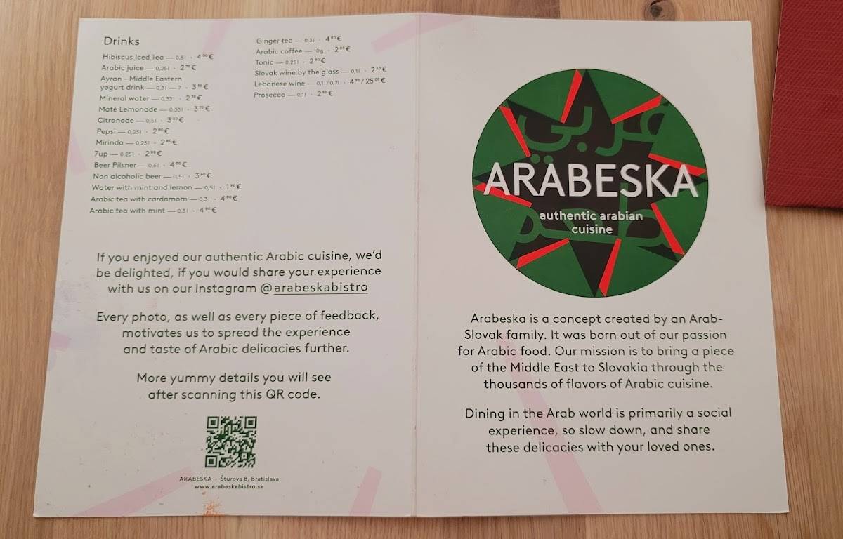 Carta del restaurante Arabeska bistro, Bratislava, Štúrova 8