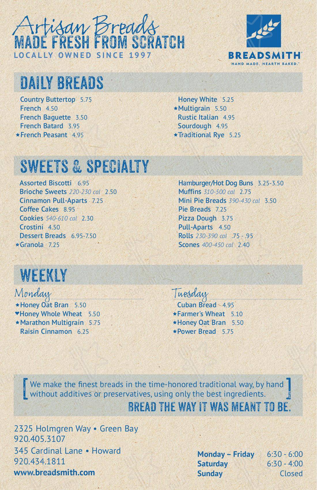 Menu at Breadsmith of Green Bay desserts, Ashwaubenon, Holmgren Way