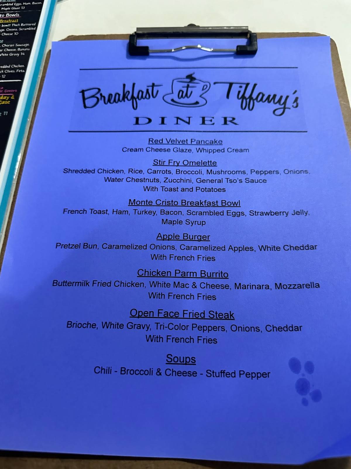 Menu at Breakfast at Tiffany's Diner restaurant, Sharpsville