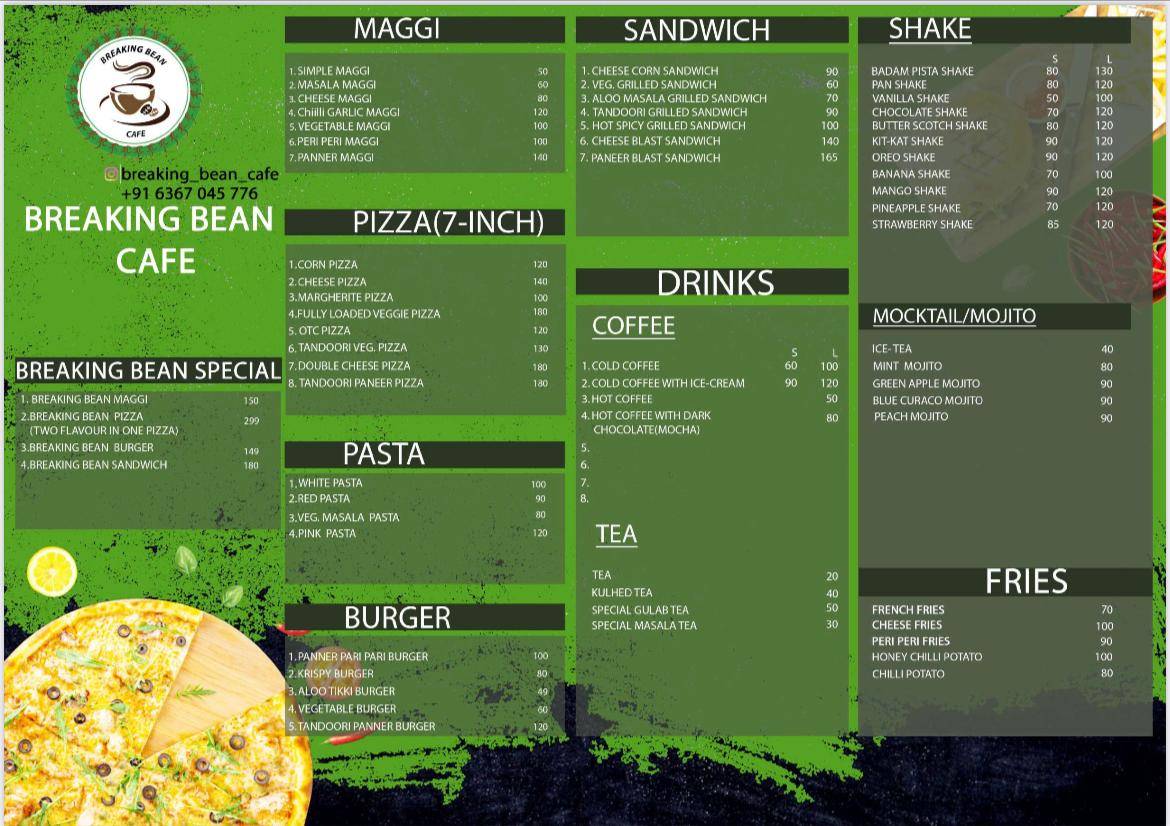 Menu at Breaking bean cafe, Jaipur