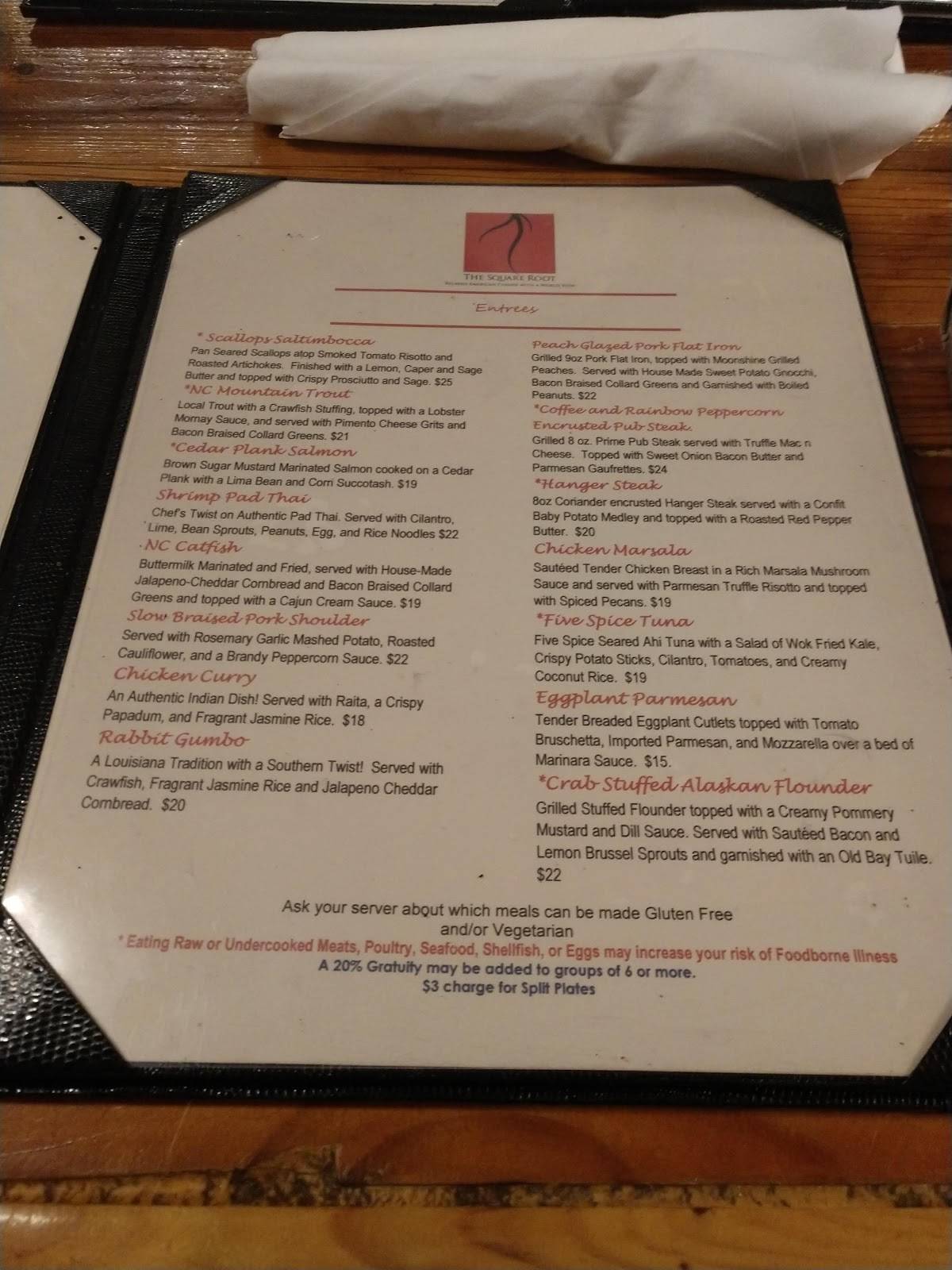 Menu at The Square Root restaurant, Brevard