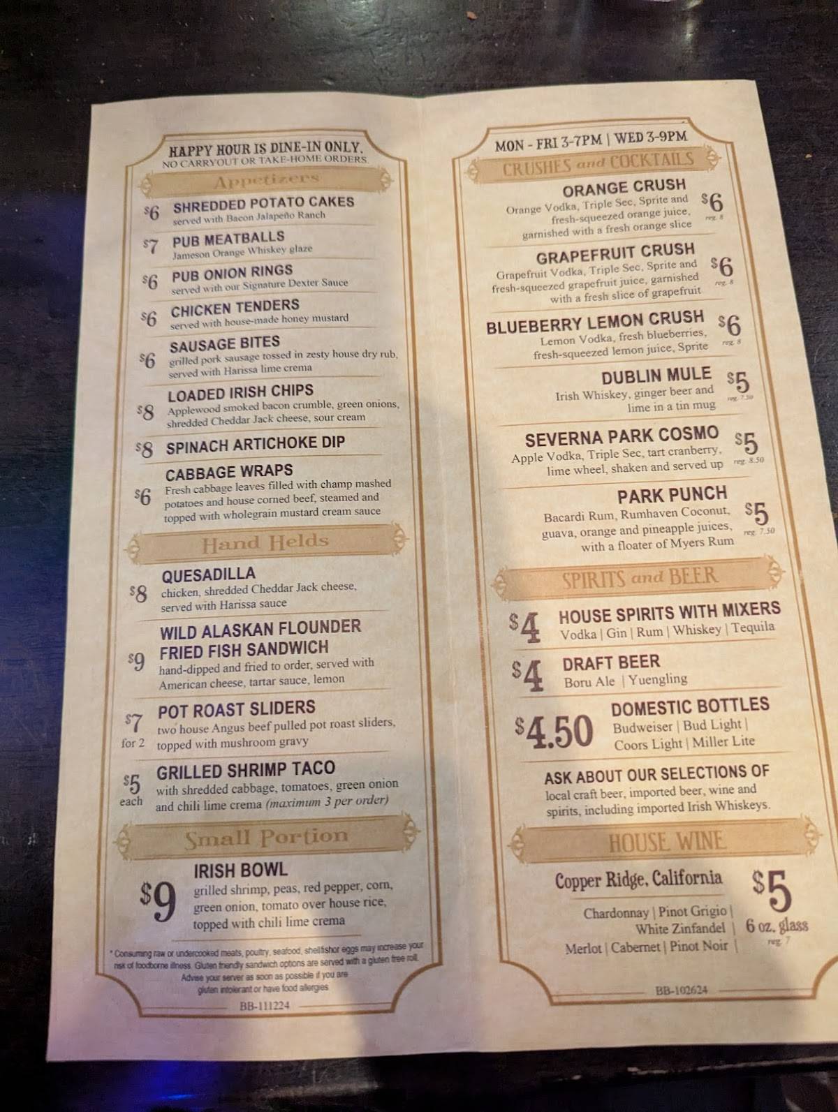 Carta de Brian Boru Restaurant and Pub, Severna Park