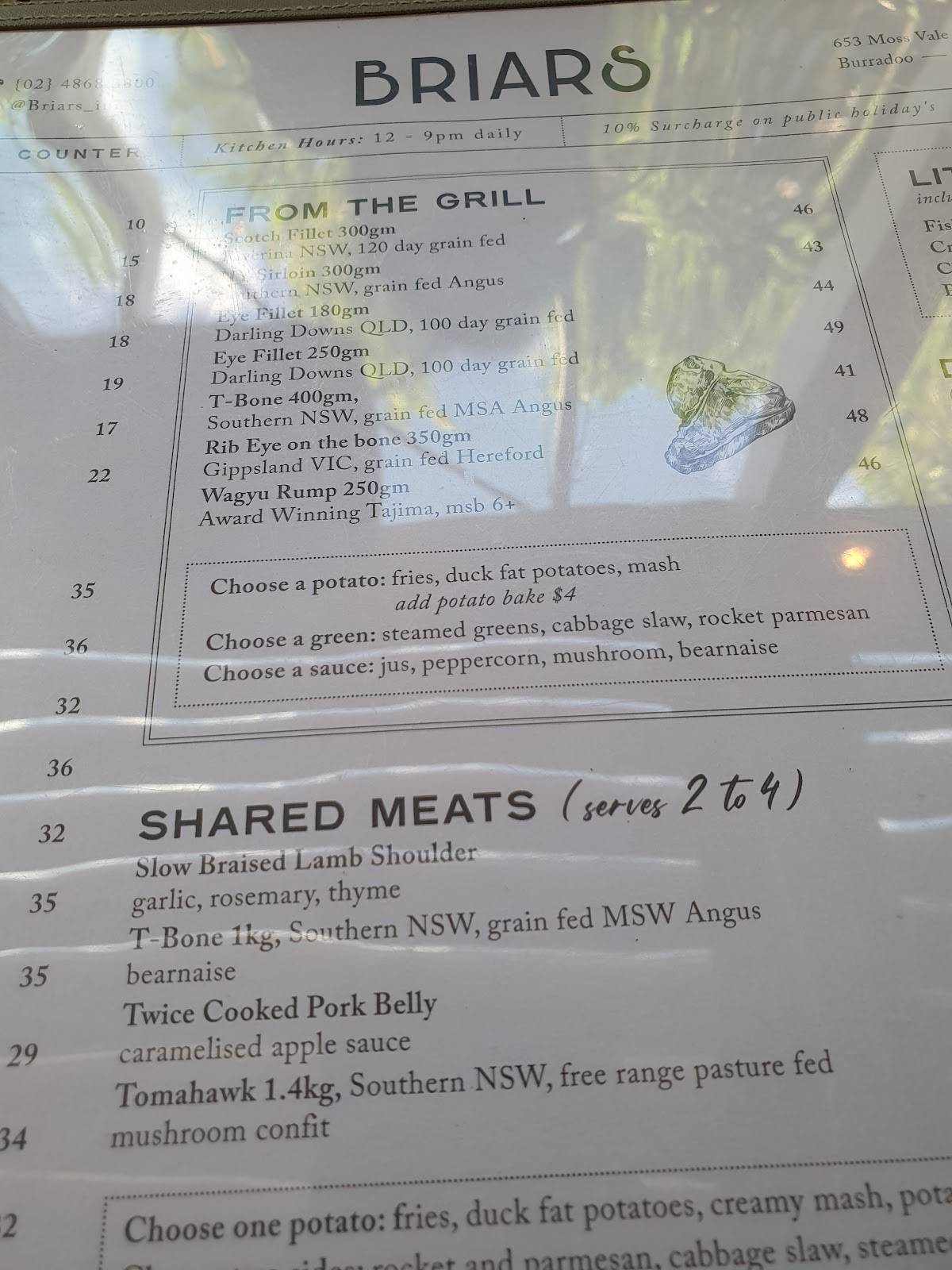 Menu at Briars Inn pub & bar, Burradoo, BRIARS INN