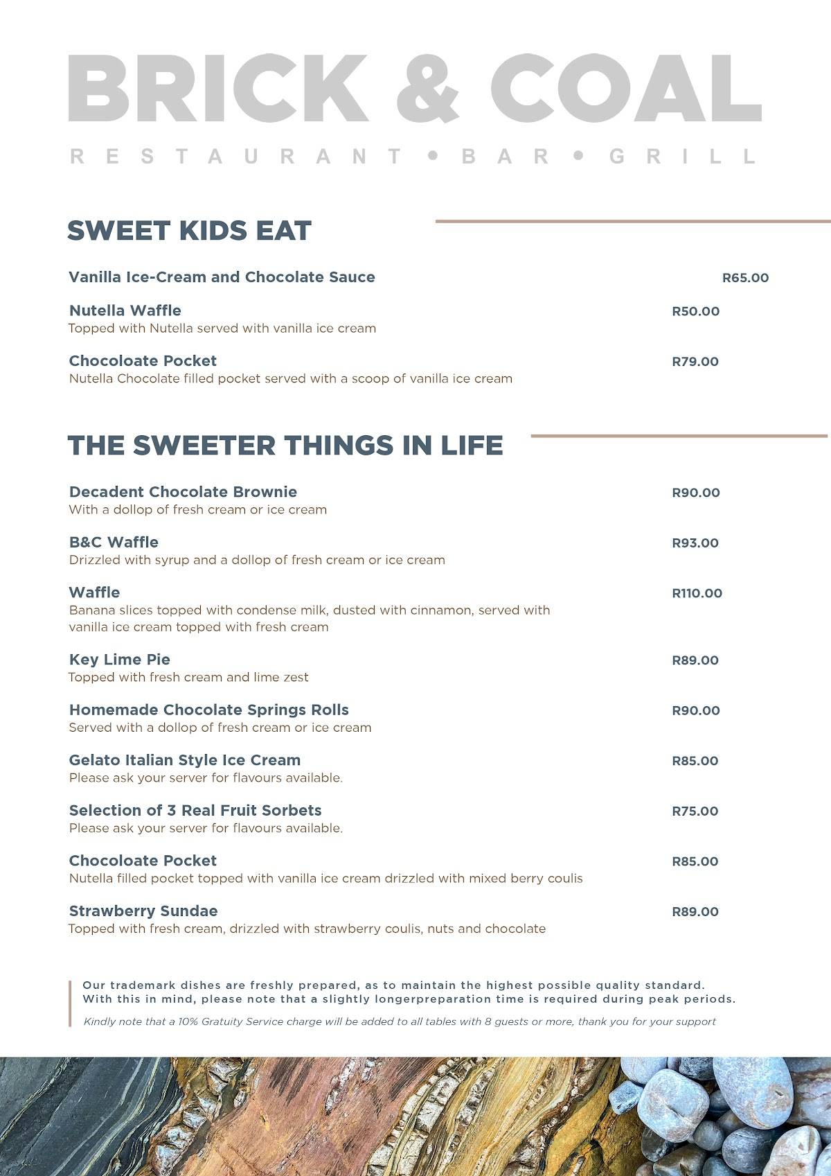 Menu at Brick and Coal Ballito restaurant, Dolphin Coast