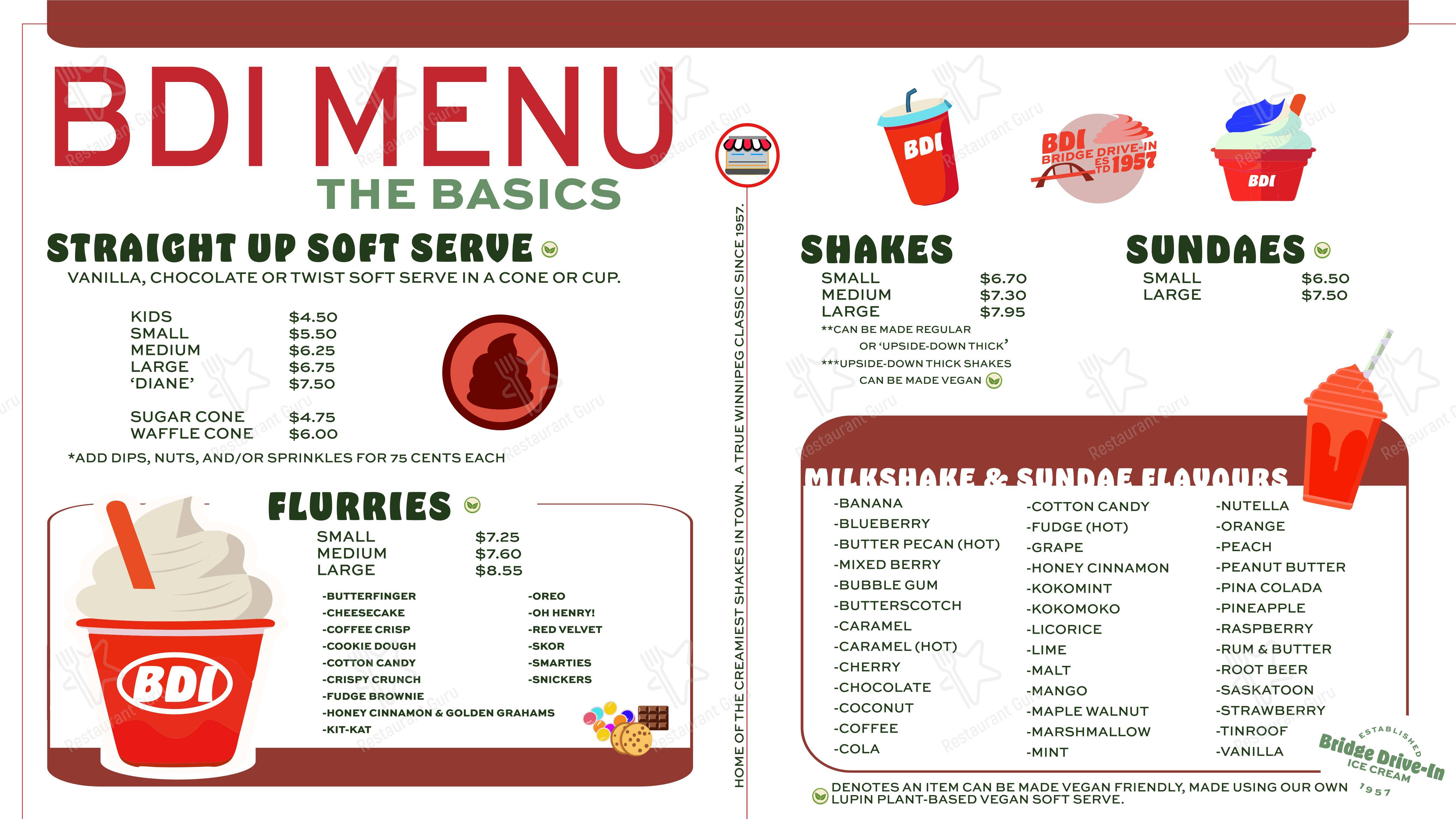 Menu at Bridge Drive-In cafe, Winnipeg, 766 Jubilee Ave