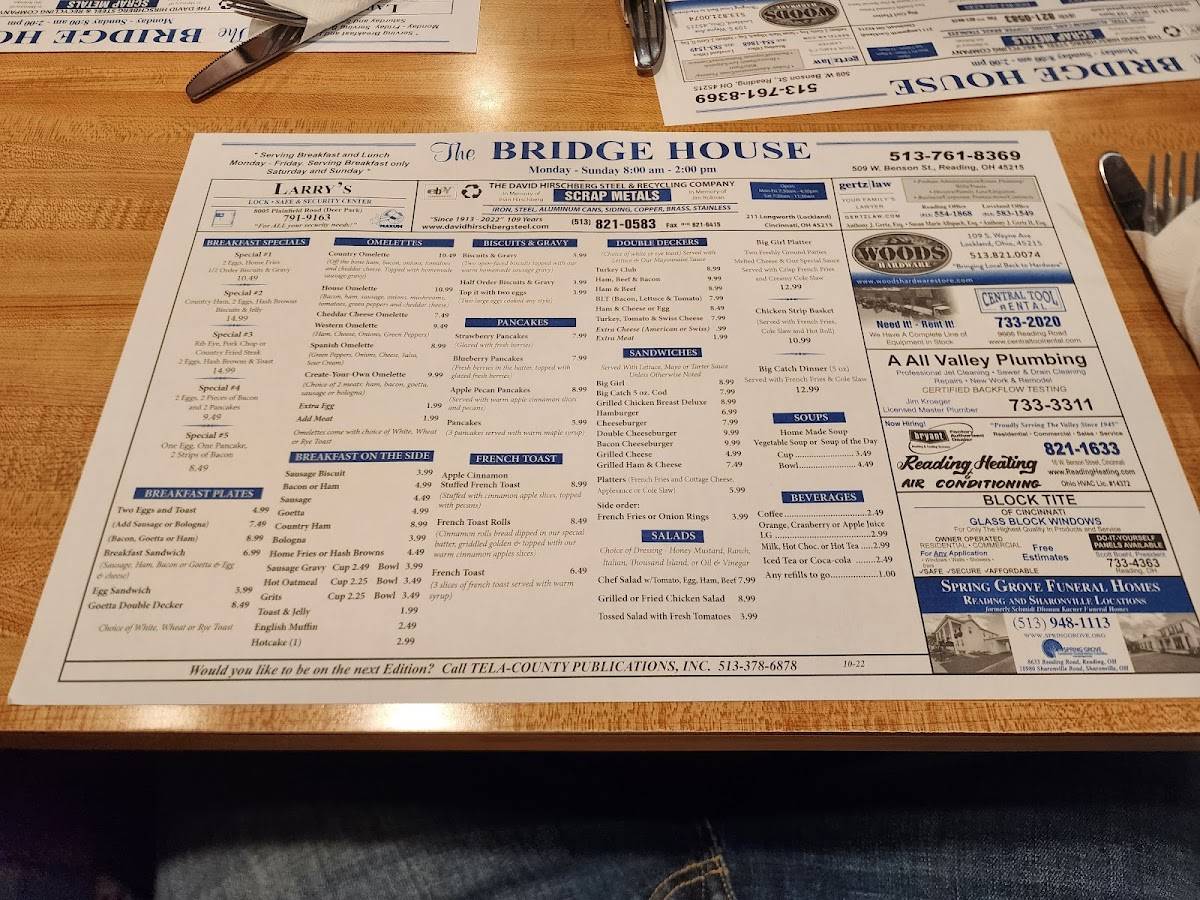 Menu at Bridge House Restaurant, Cincinnati