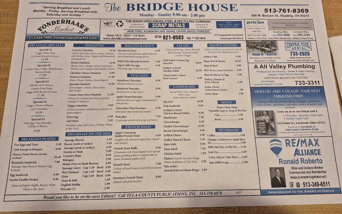 Menu at Bridge House Restaurant, Cincinnati