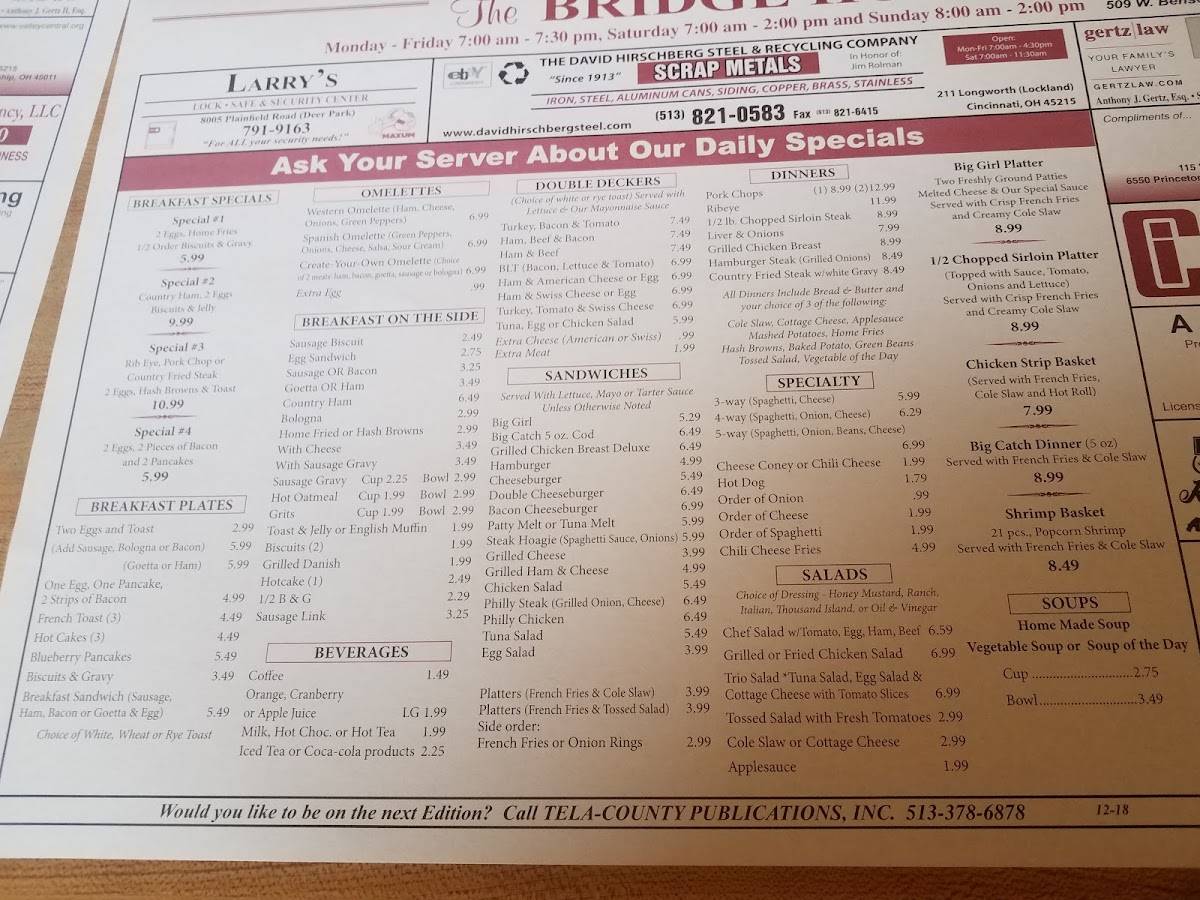 Menu at Bridge House Restaurant, Cincinnati
