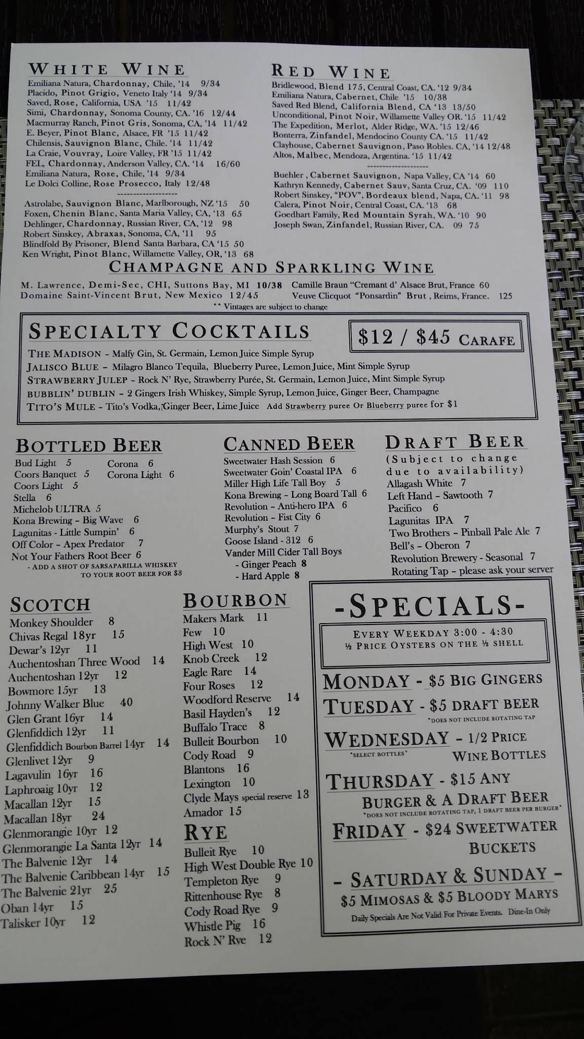 Menu at Bridge House Tavern pub & bar, Chicago