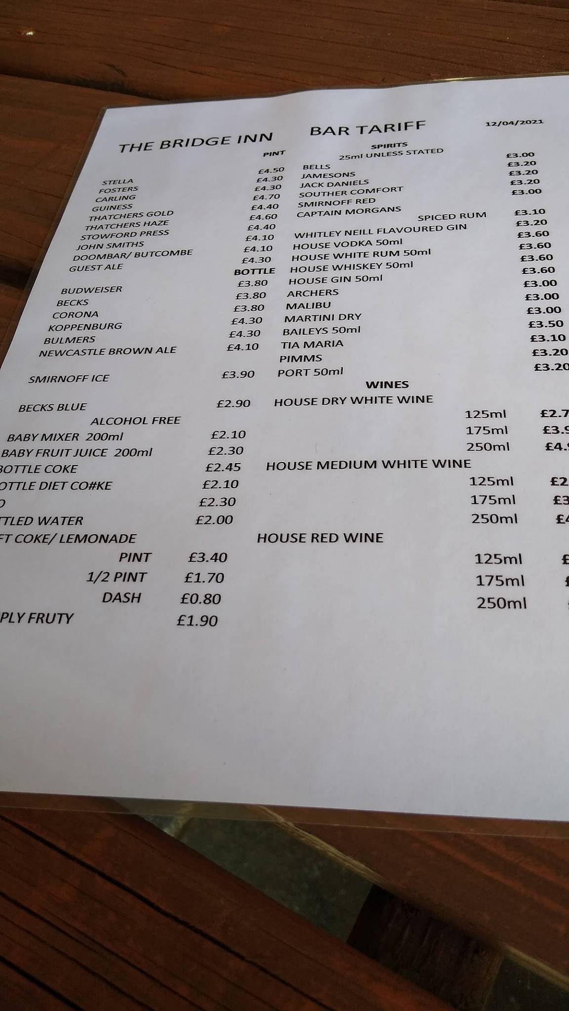 Menu at Bridge Inn pub & bar, Weymouth
