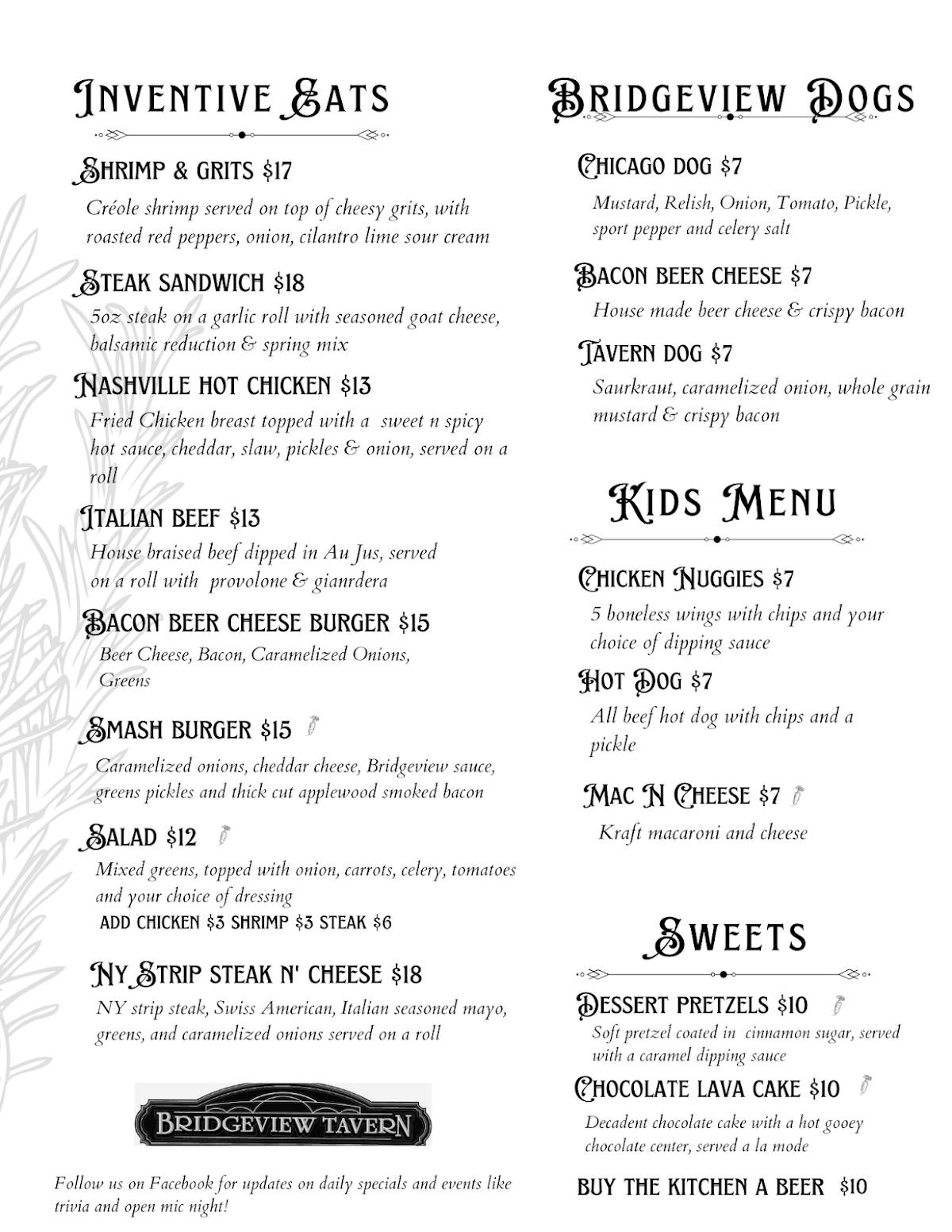 Menu at Bridgeview Tavern pub & bar, Grand Island