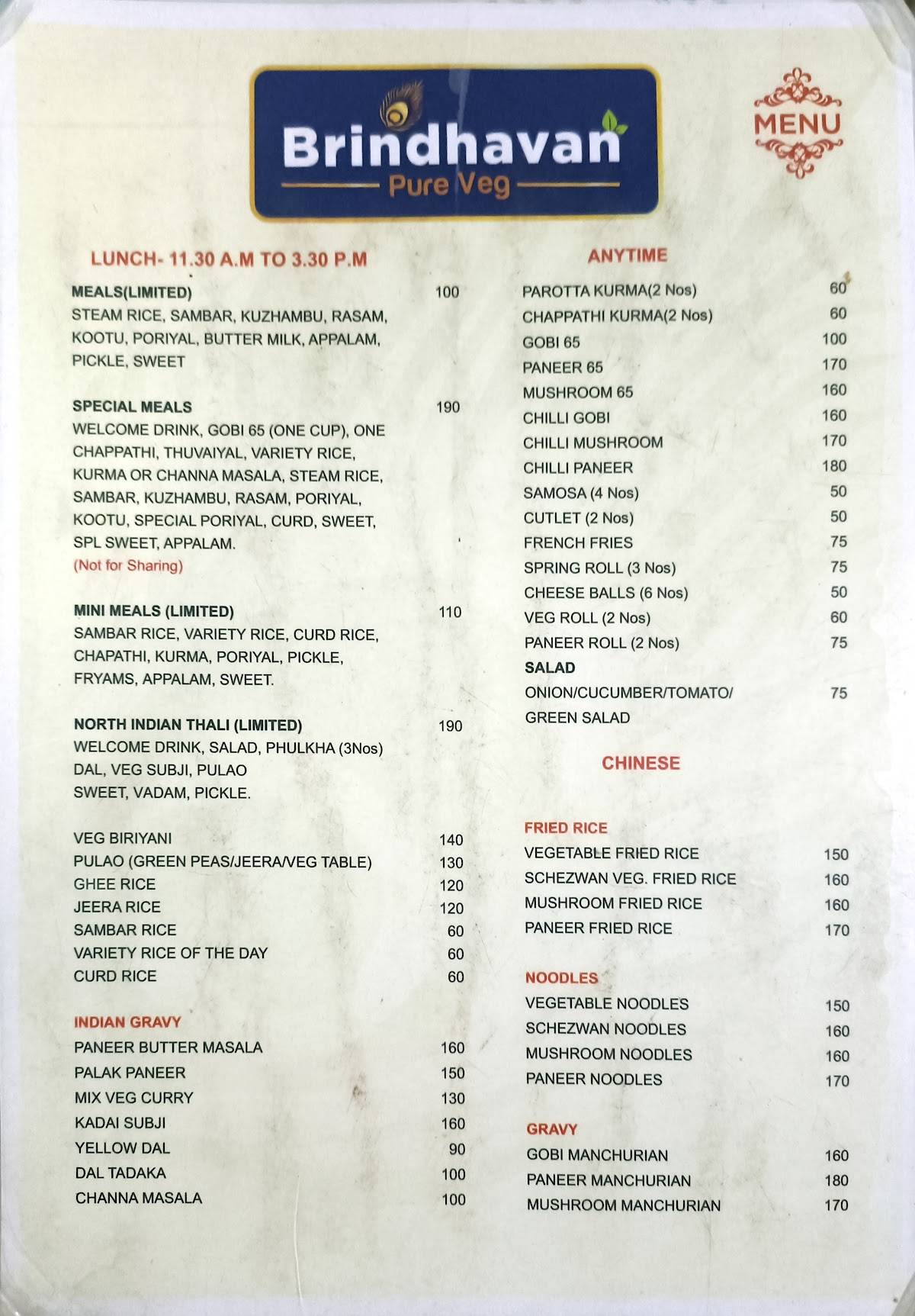 Menu at Brindhavan Veg Restaurant, Chennai, 532
