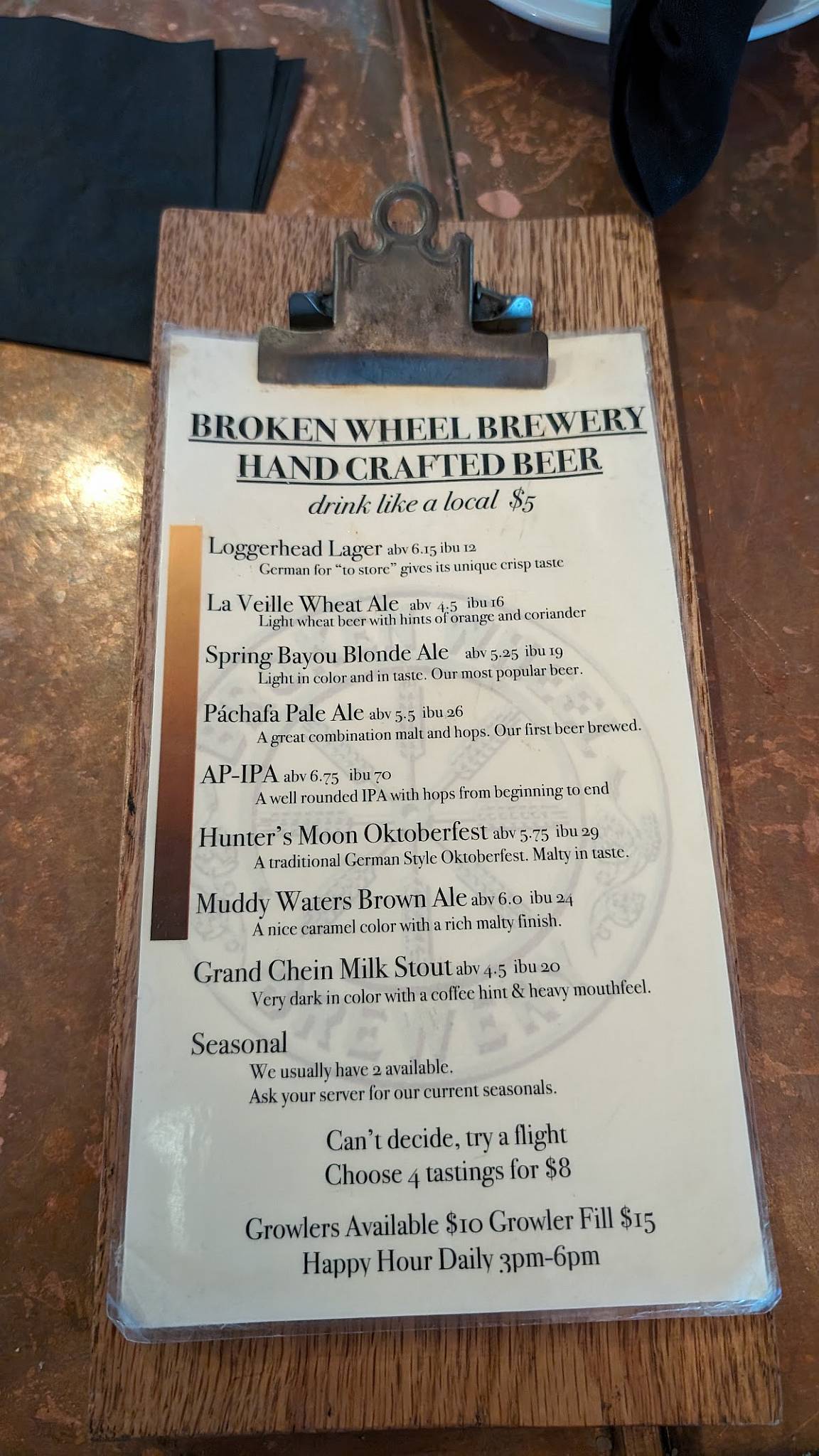Menu at Broken Wheel Brewery & Bistro restaurant, Marksville