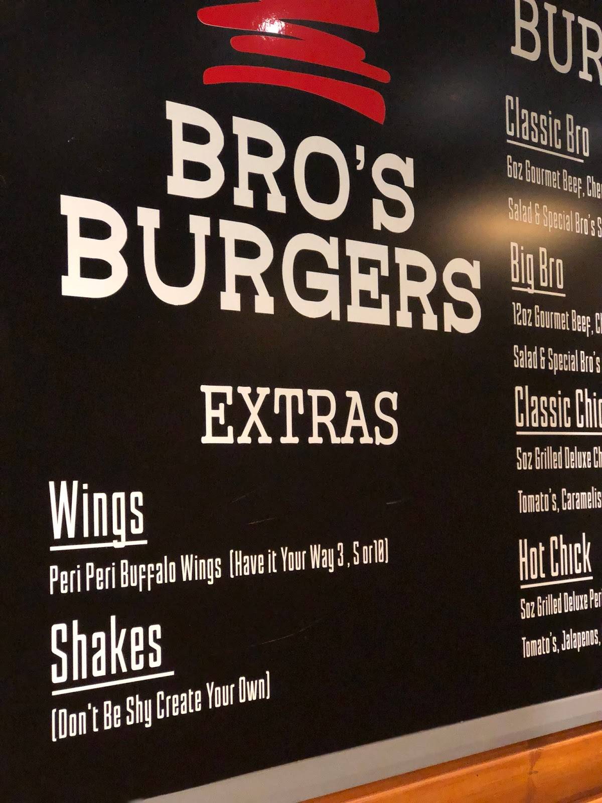 Menu at Bro's Burgers restaurant, London