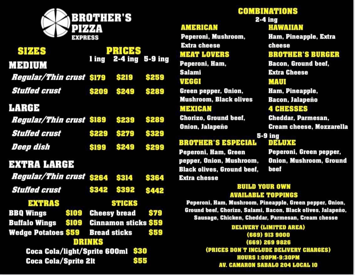 Menu at Brothers Pizza pizzeria, Mazatlán