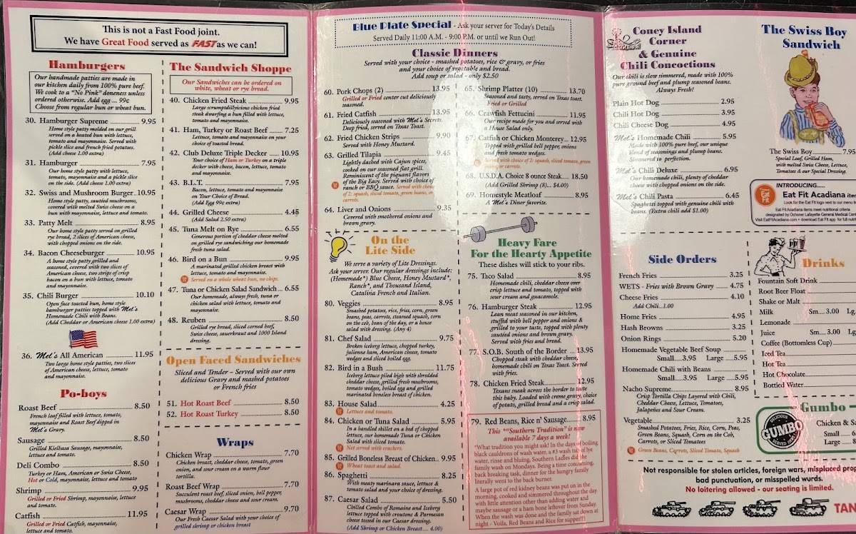 Menu at Mel's Diner restaurant, Broussard, Evangeline Thruway