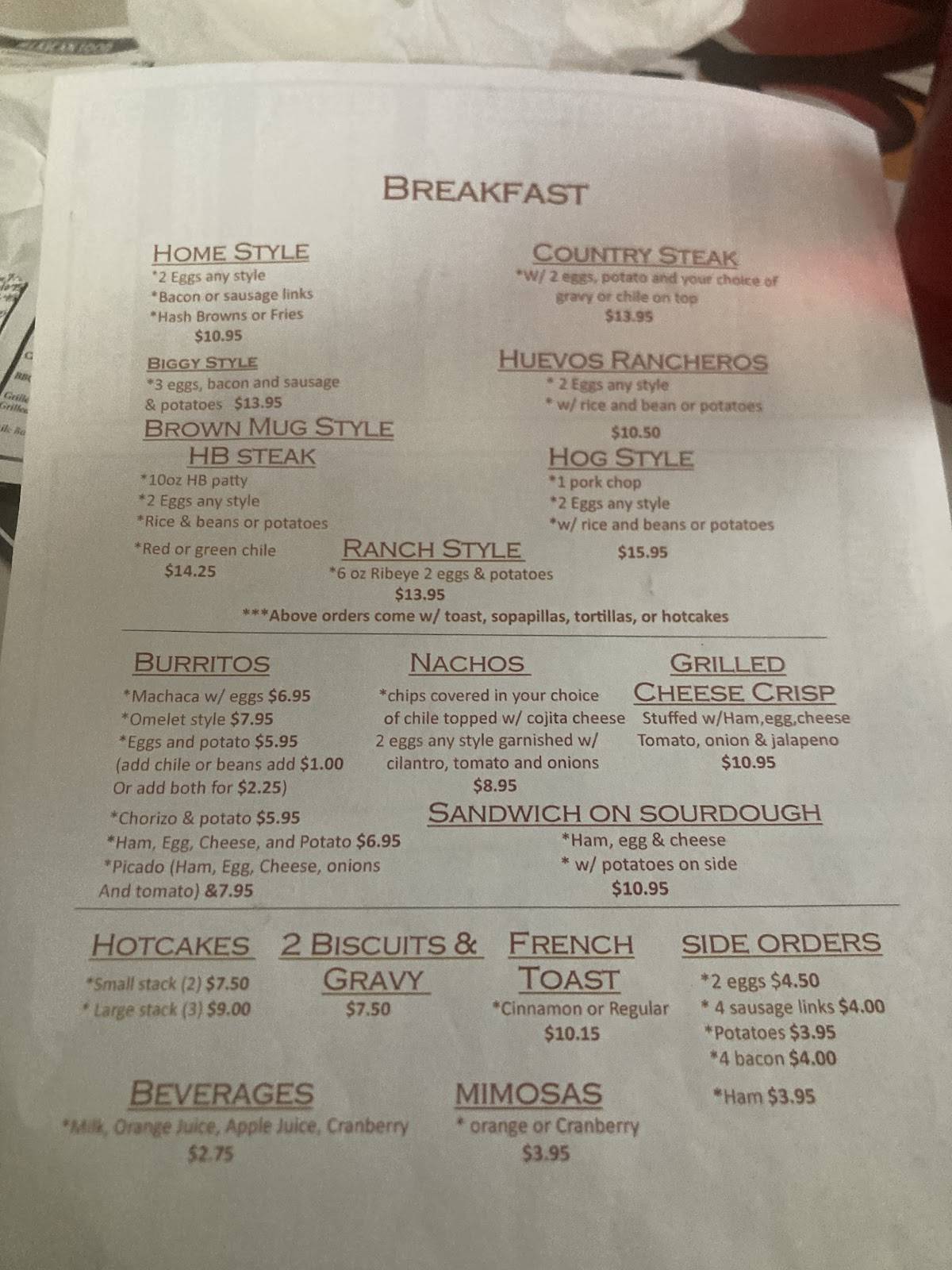 Menu at Brown Mug Cafe, Winslow