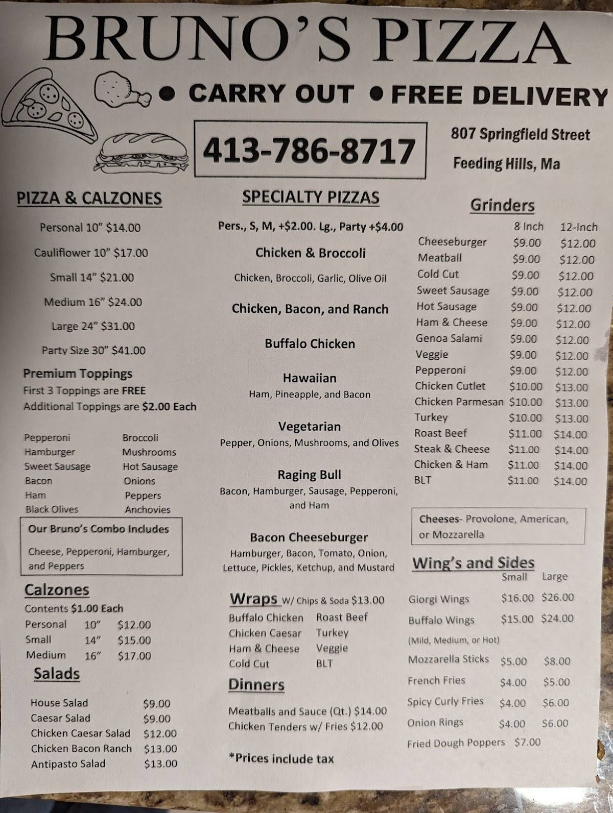 Menu at Bruno Pizzeria, Agawam