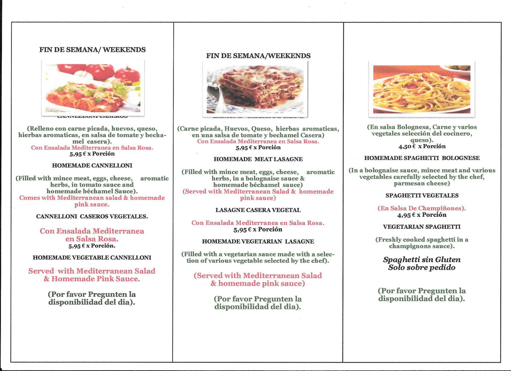 Carta del restaurante Bruschetta Express Italiana, Almoradí