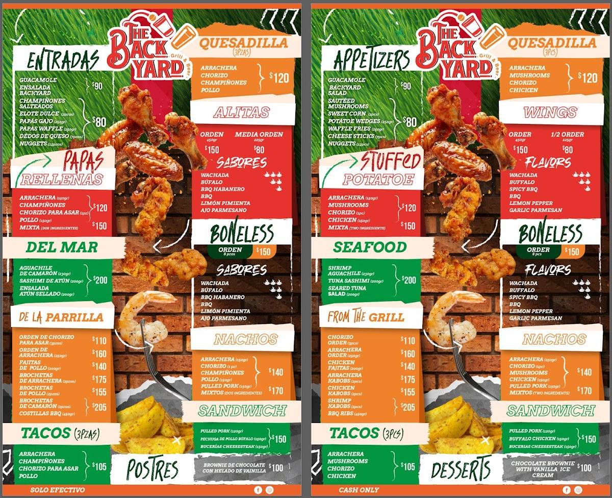 Menu at The Backyard restaurant, Bucerías
