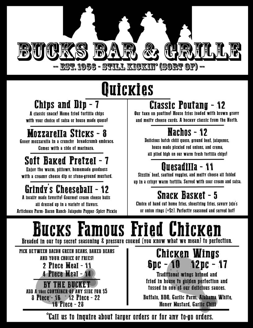 Menu at Bucks Bar, Billings