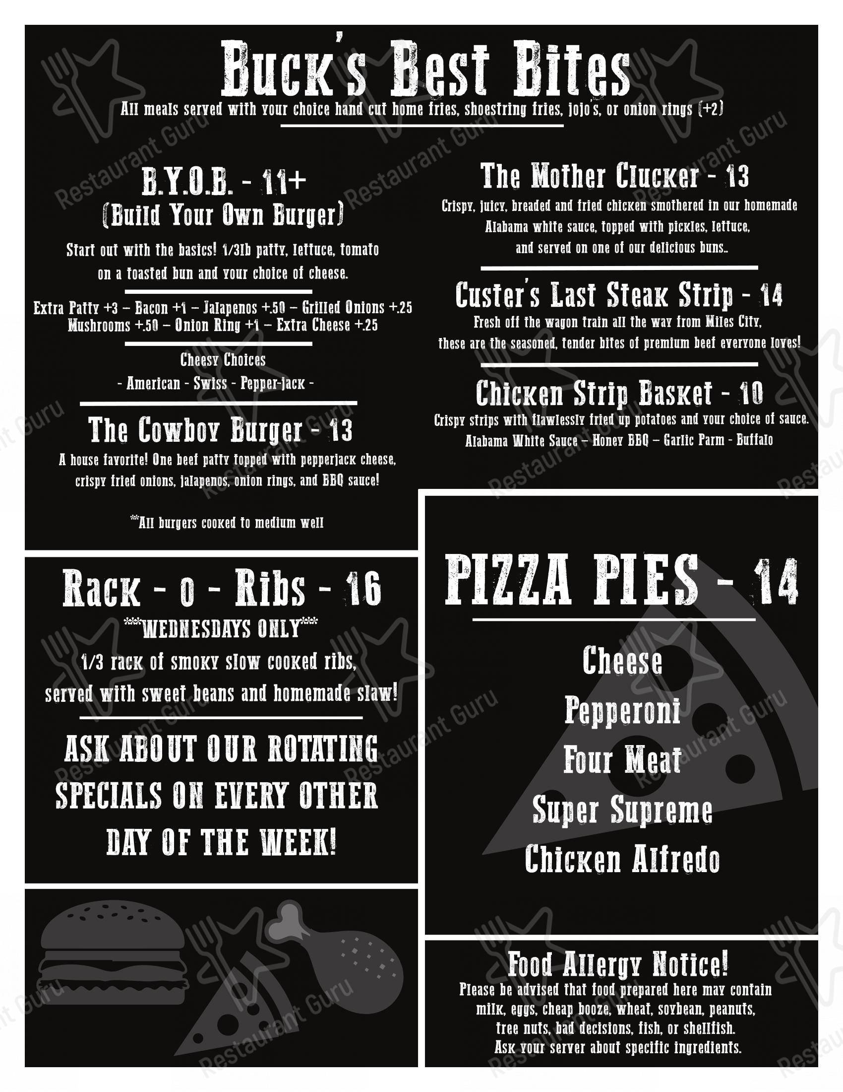 Menu at Bucks Bar, Billings