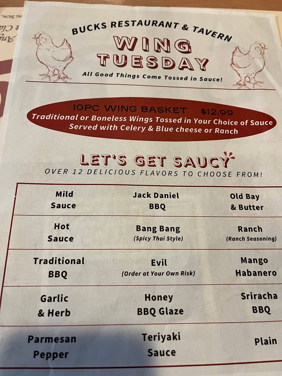 Menu at Buck's Restaurant and Tavern, Rising Sun