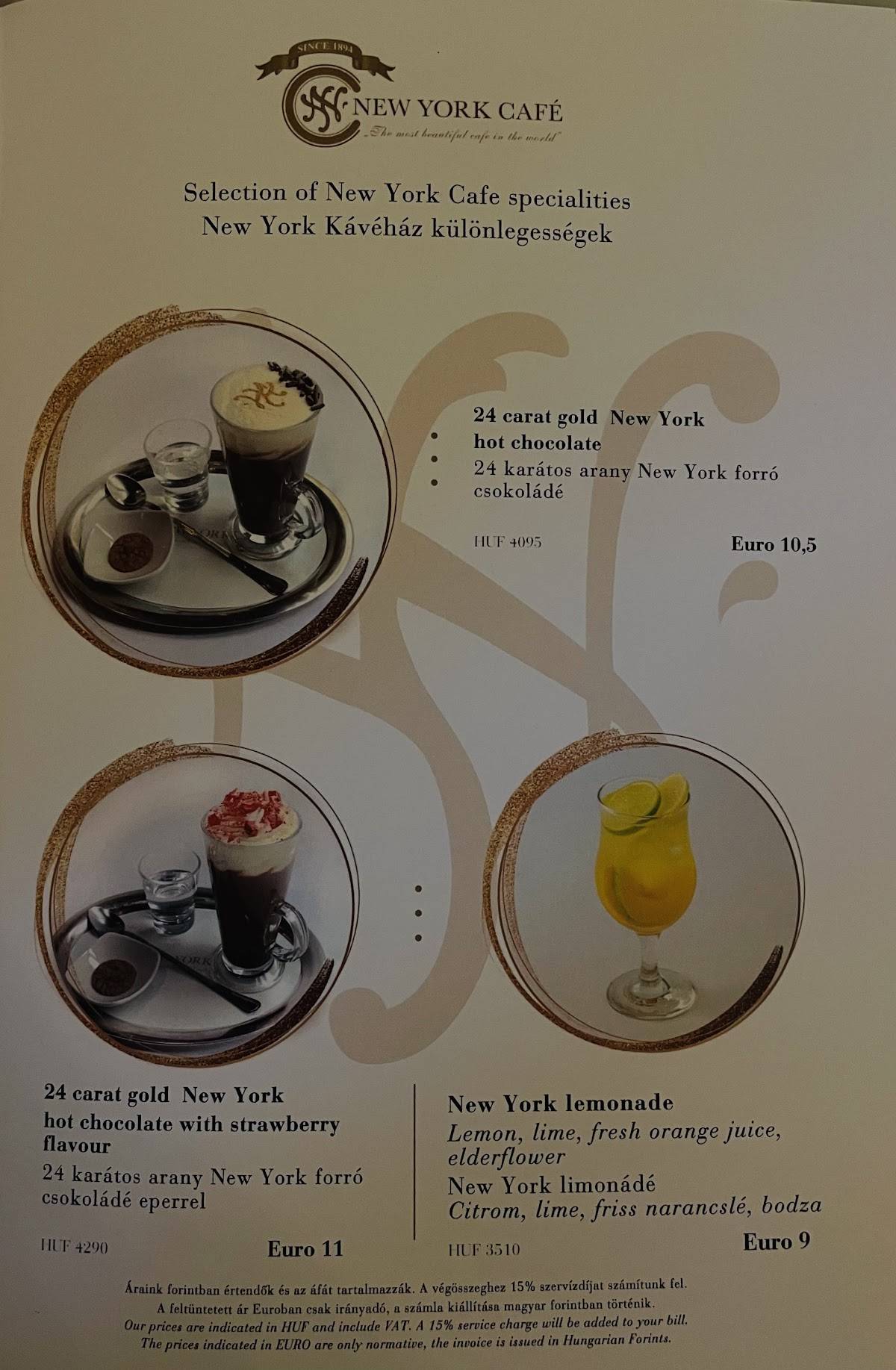 Menu at New York Café cafe, Budapest, Erzsébet krt. 9-11