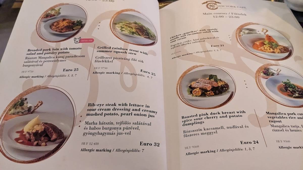 Menu at New York Café cafe, Budapest, Erzsébet krt. 9-11